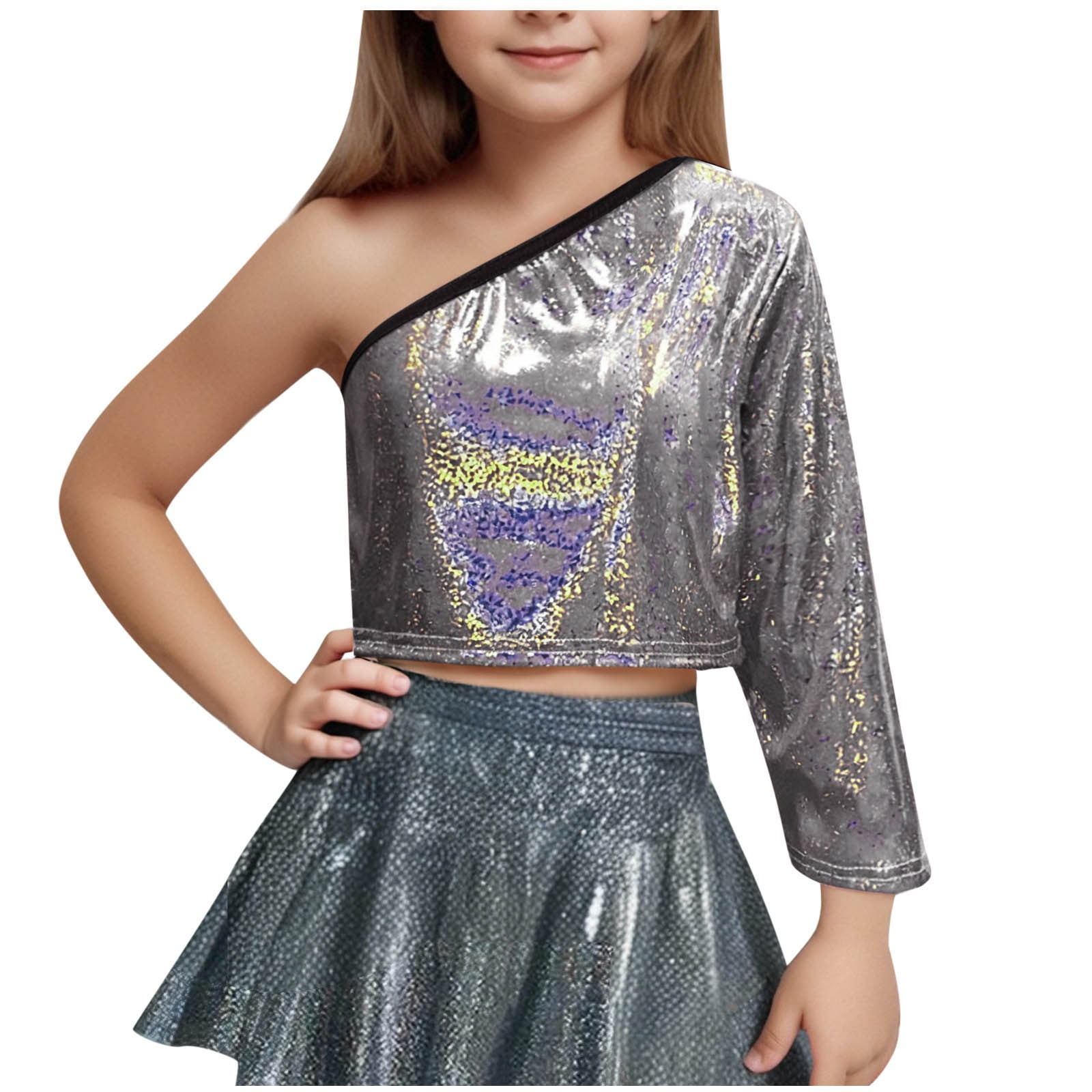 AUNVITO Kids Girls One Shoulder Long Sleeve Dance Crop Top Shiny ...