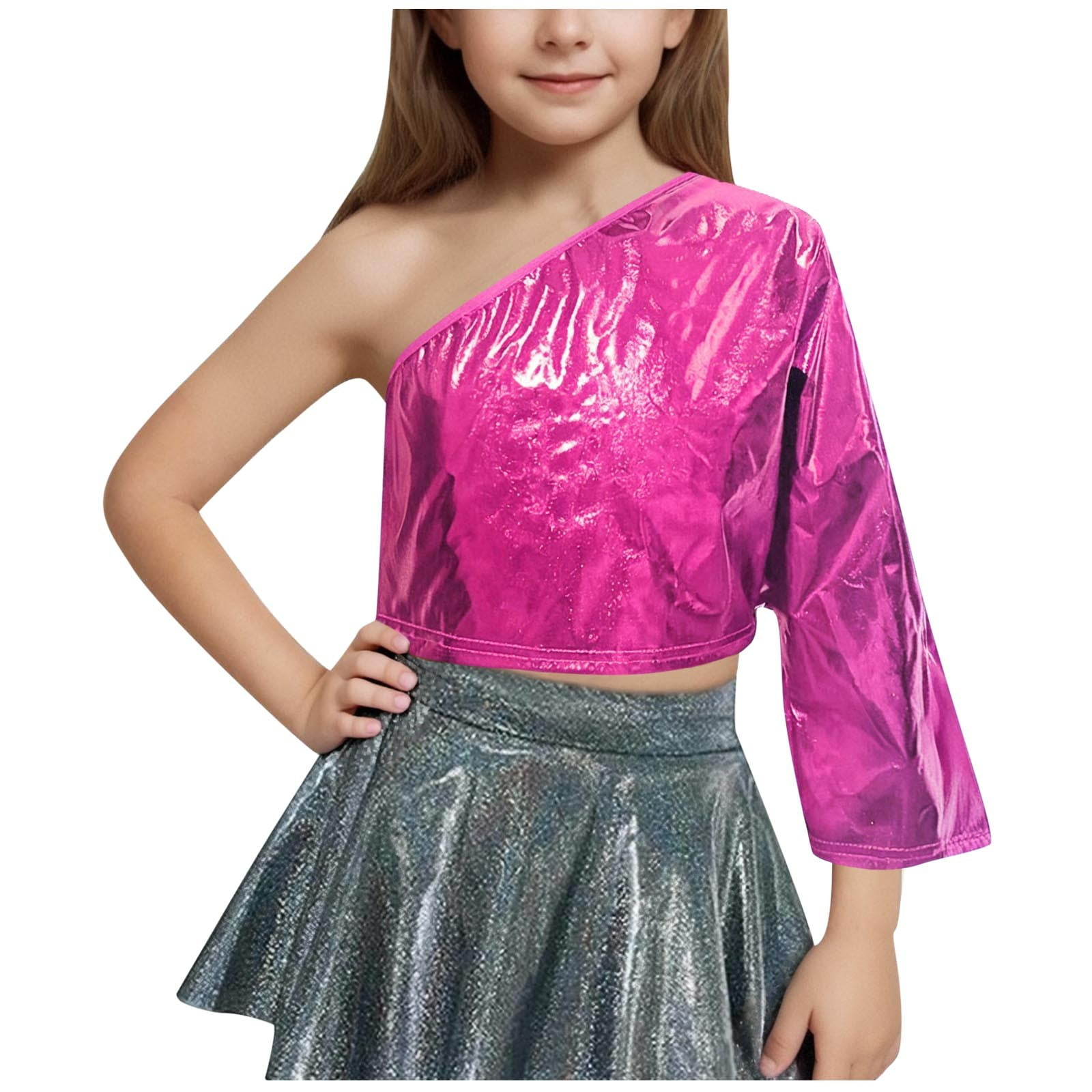 AUNVITO Kids Girls One Shoulder Long Sleeve Dance Crop Top Shiny ...