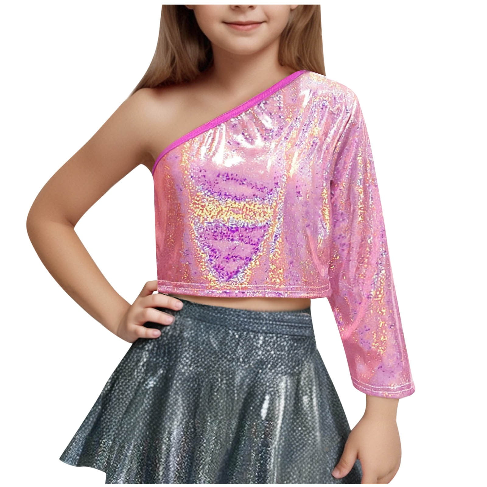 AUNVITO Kids Girls One Shoulder Long Sleeve Dance Crop Top Shiny ...