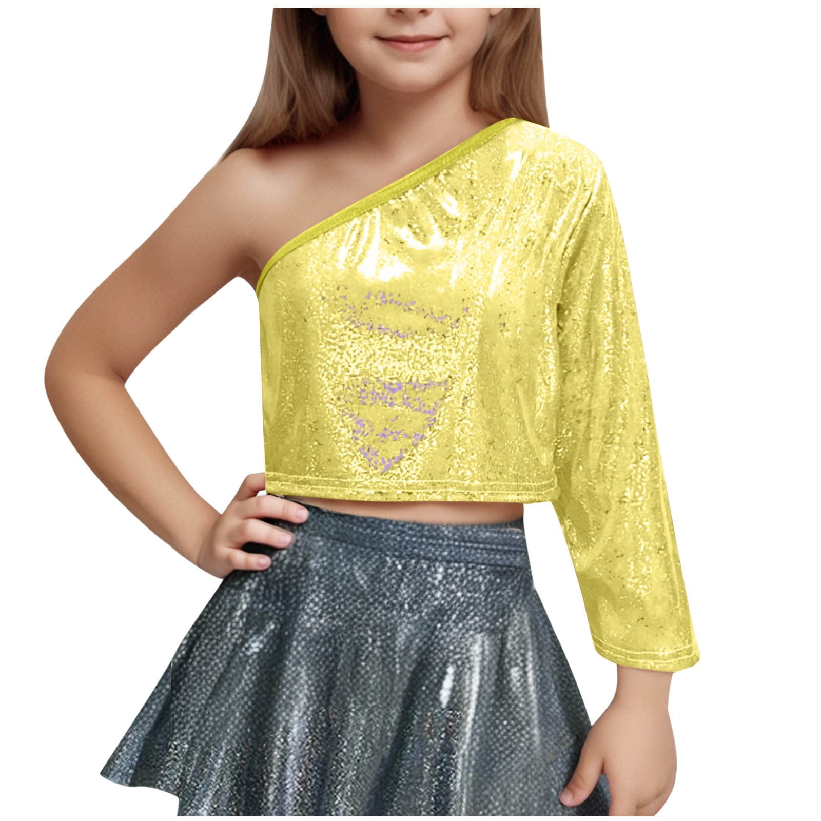 AUNVITO Kids Girls One Shoulder Long Sleeve Dance Crop Top Shiny ...