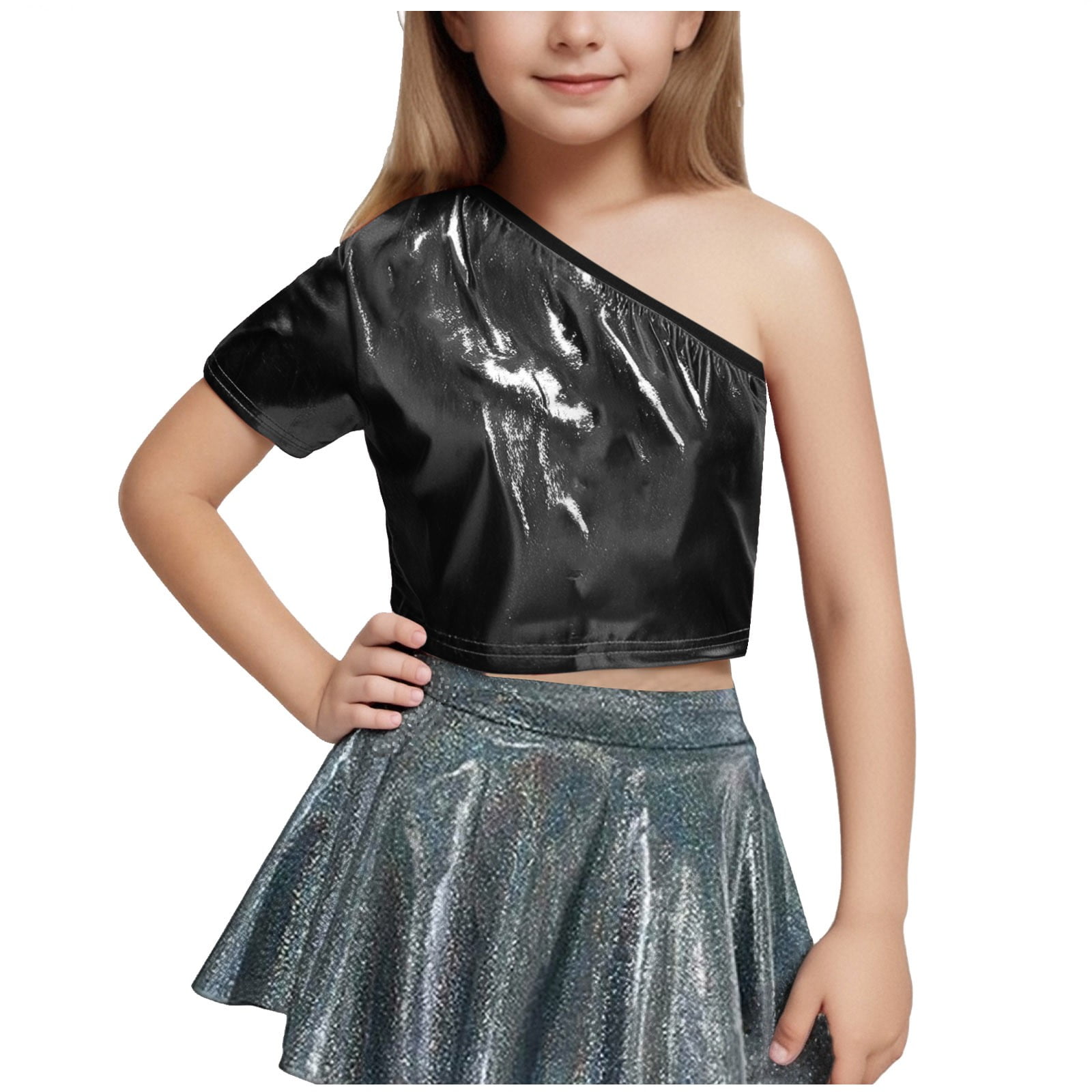 AUNVITO Kids Girls One Shoulder Short Sleeve Dance Crop Top Shiny ...