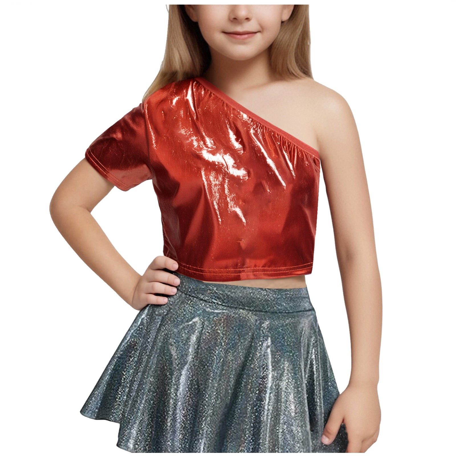 AUNVITO Kids Girls One Shoulder Short Sleeve Dance Crop Top Shiny ...