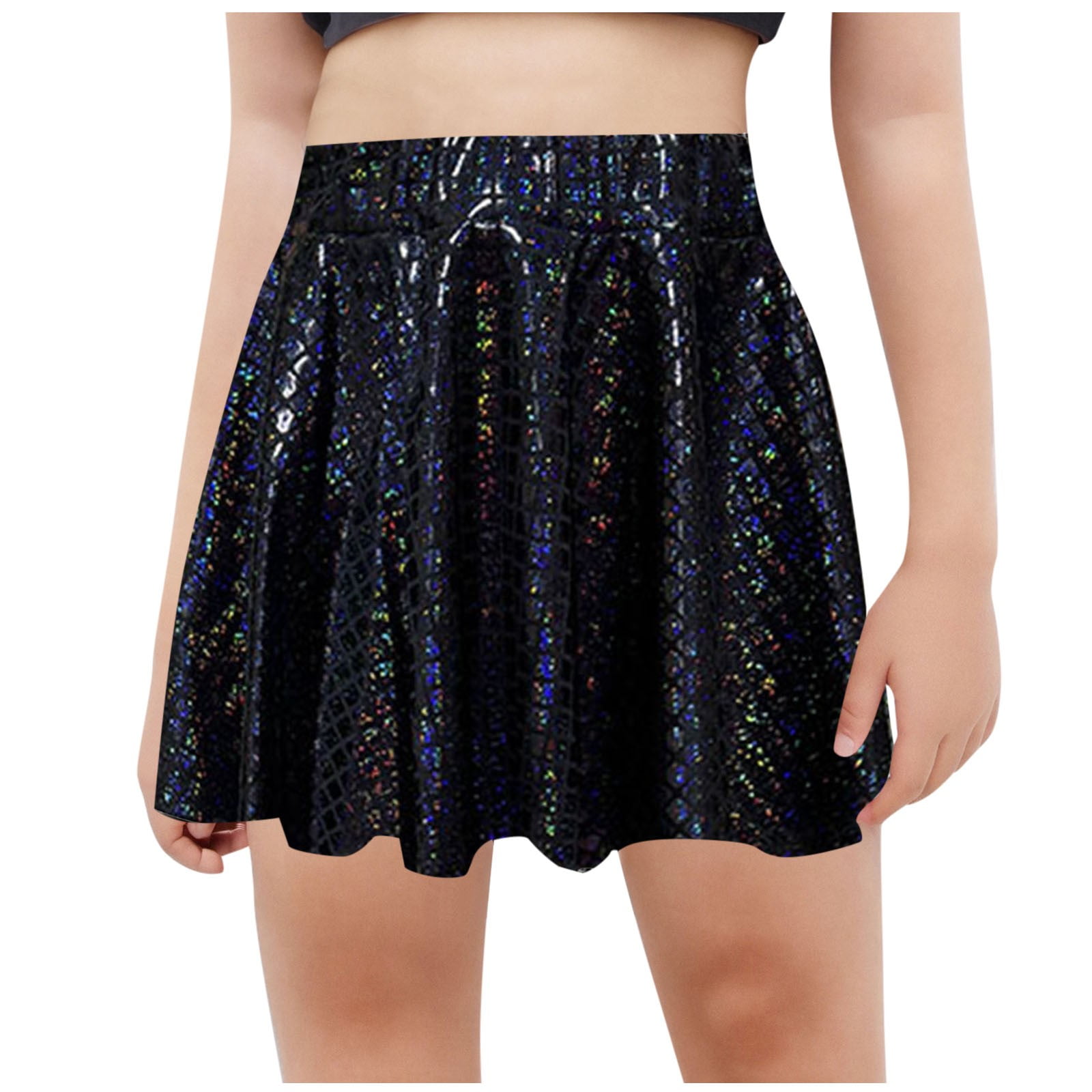 AUNVITO Kids Girls Shiny Metallic Hip Hop Jazz Skirt Ruffled A-line ...