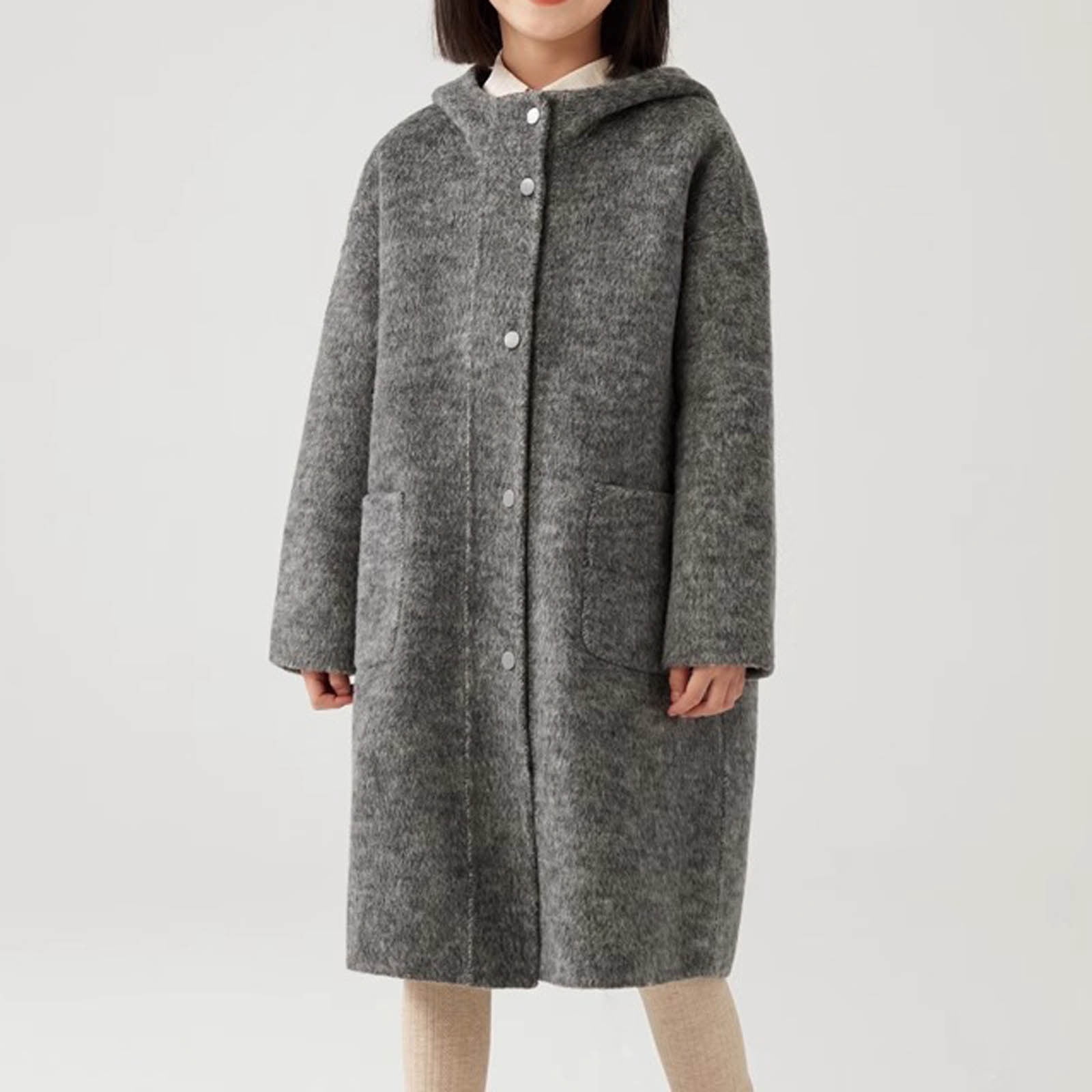 AUNVITO Kids Hooded Mid-Length Coat Faux Double-Faced Wool Long Sleeve ...