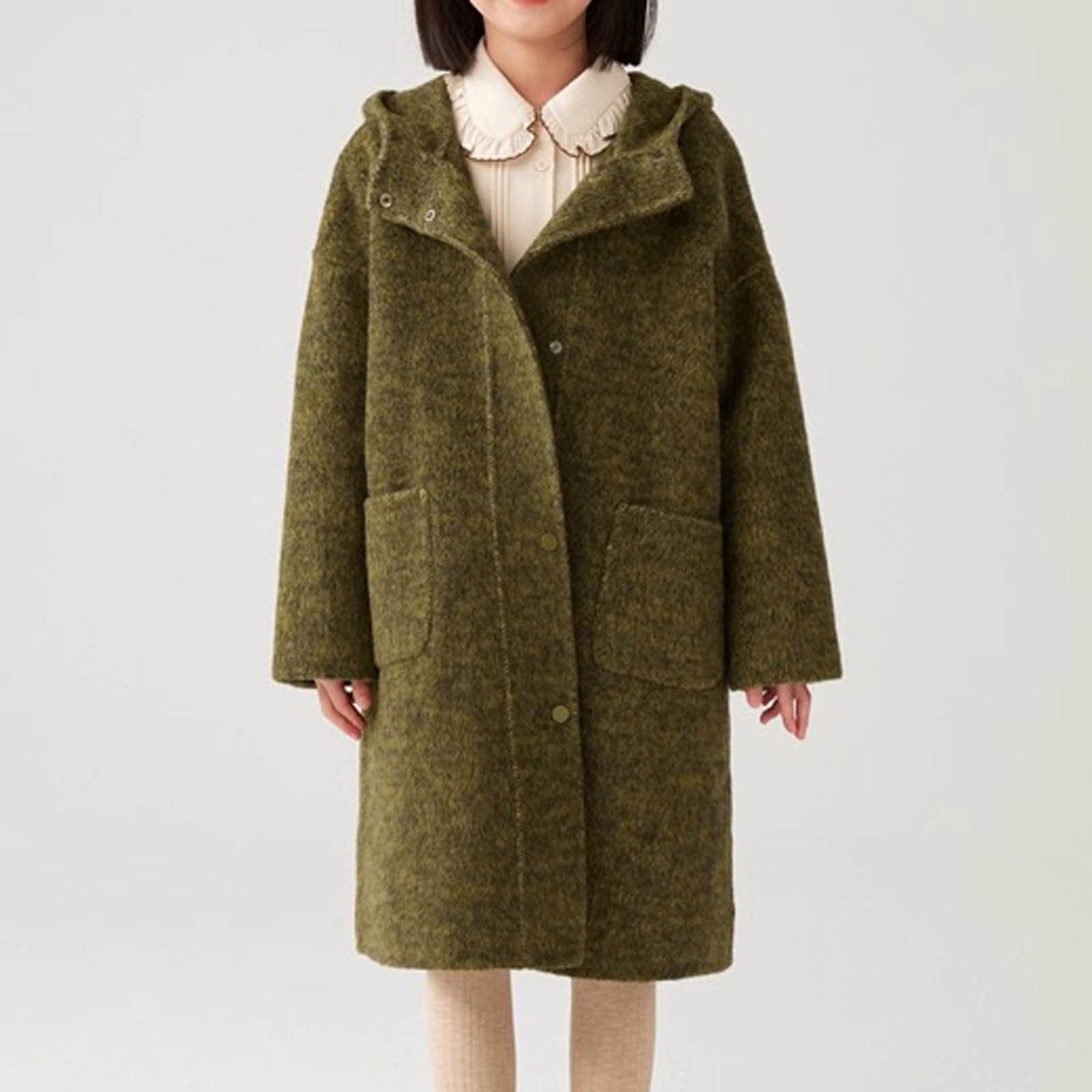 AUNVITO Kids Hooded Mid-Length Coat Faux Double-Faced Wool Long Sleeve ...