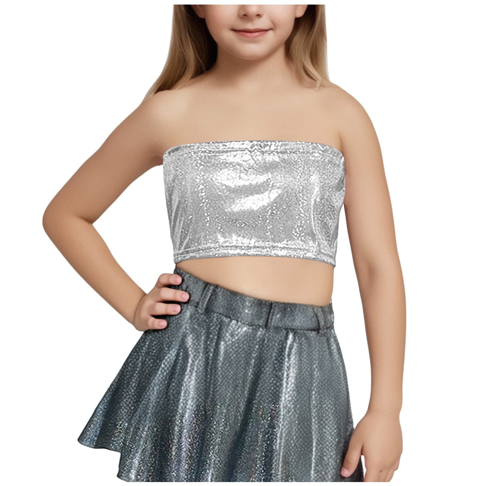 AUNVITO Kids Sequins Tube Top Stretch Bandeau Strapless Sequin Crop ...