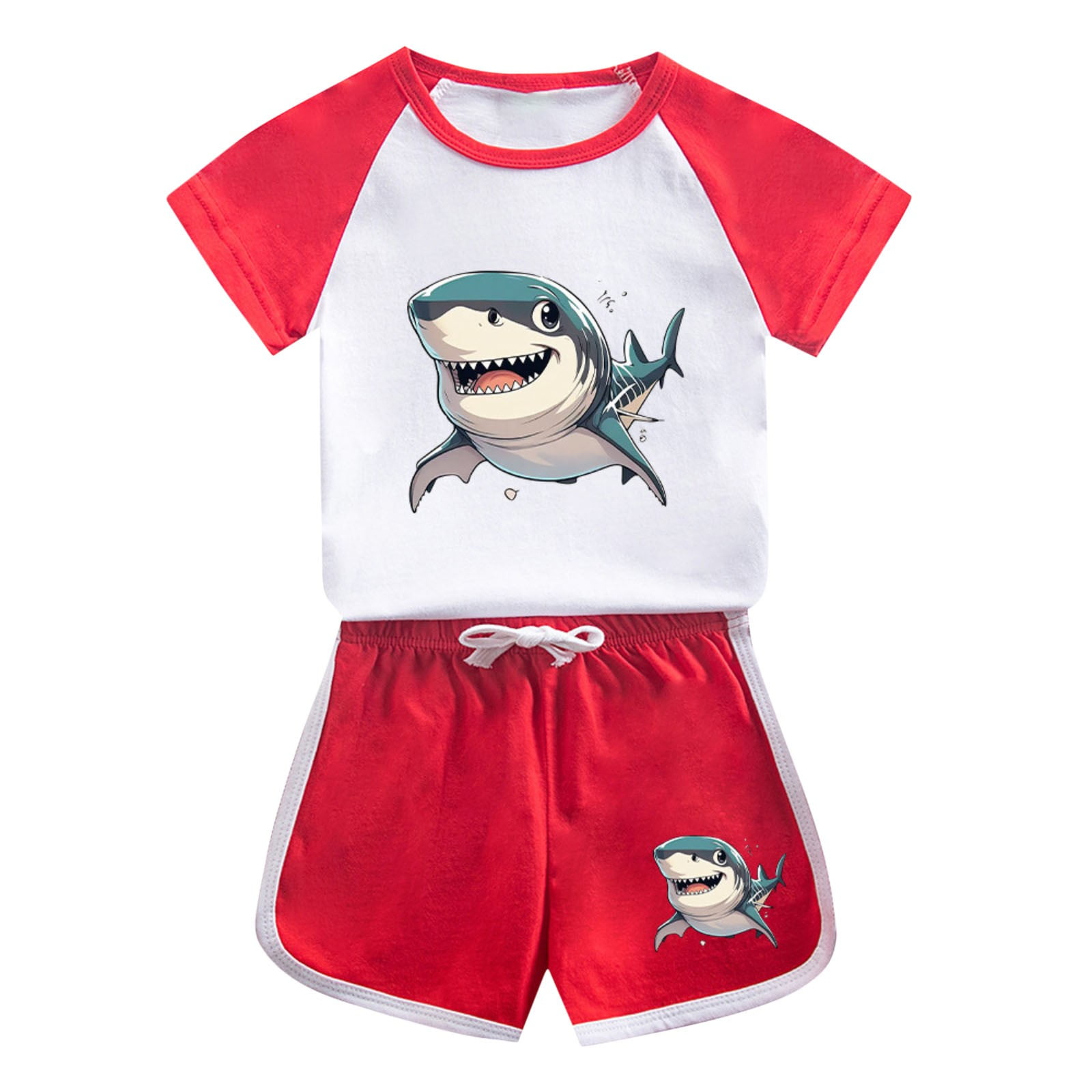 AUNVITO Kids Shark Print T-shirt and Elastic Waist Shorts Casual Outfit ...