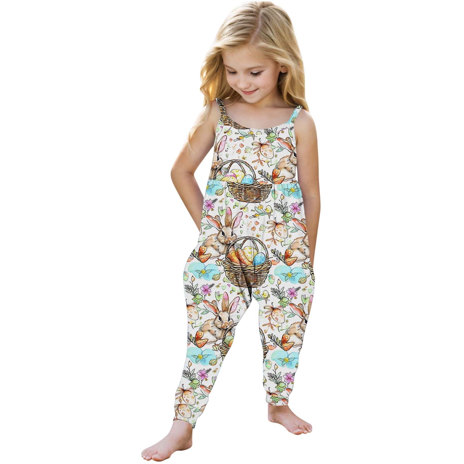 AUNVITO Kids Sleeveless Easter Overalls Summer Casual Play Clothes with ...