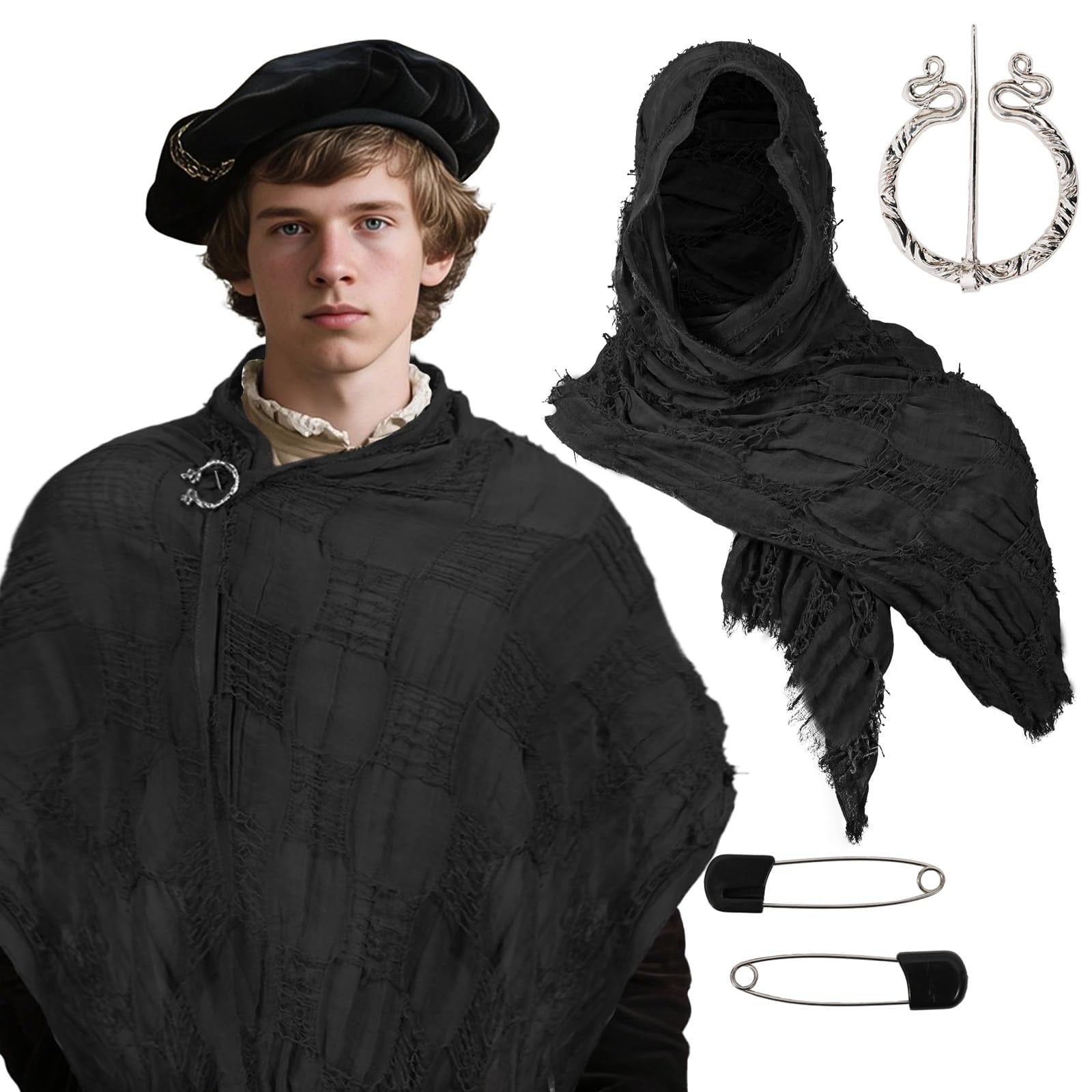 AUNVITO Medieval Hooded Shawl Scarf with Frayed Edges and Clasp ...