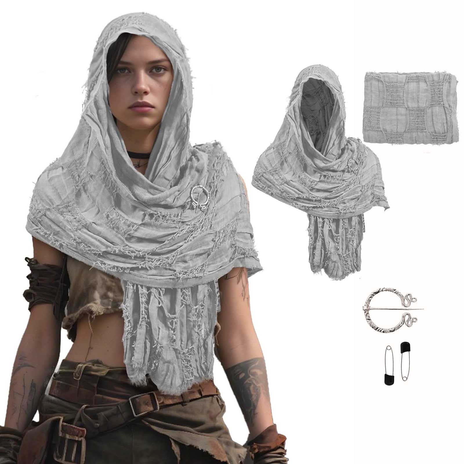 AUNVITO Medieval Hooded Shawl Scarf with Frayed Edges and Clasp ...