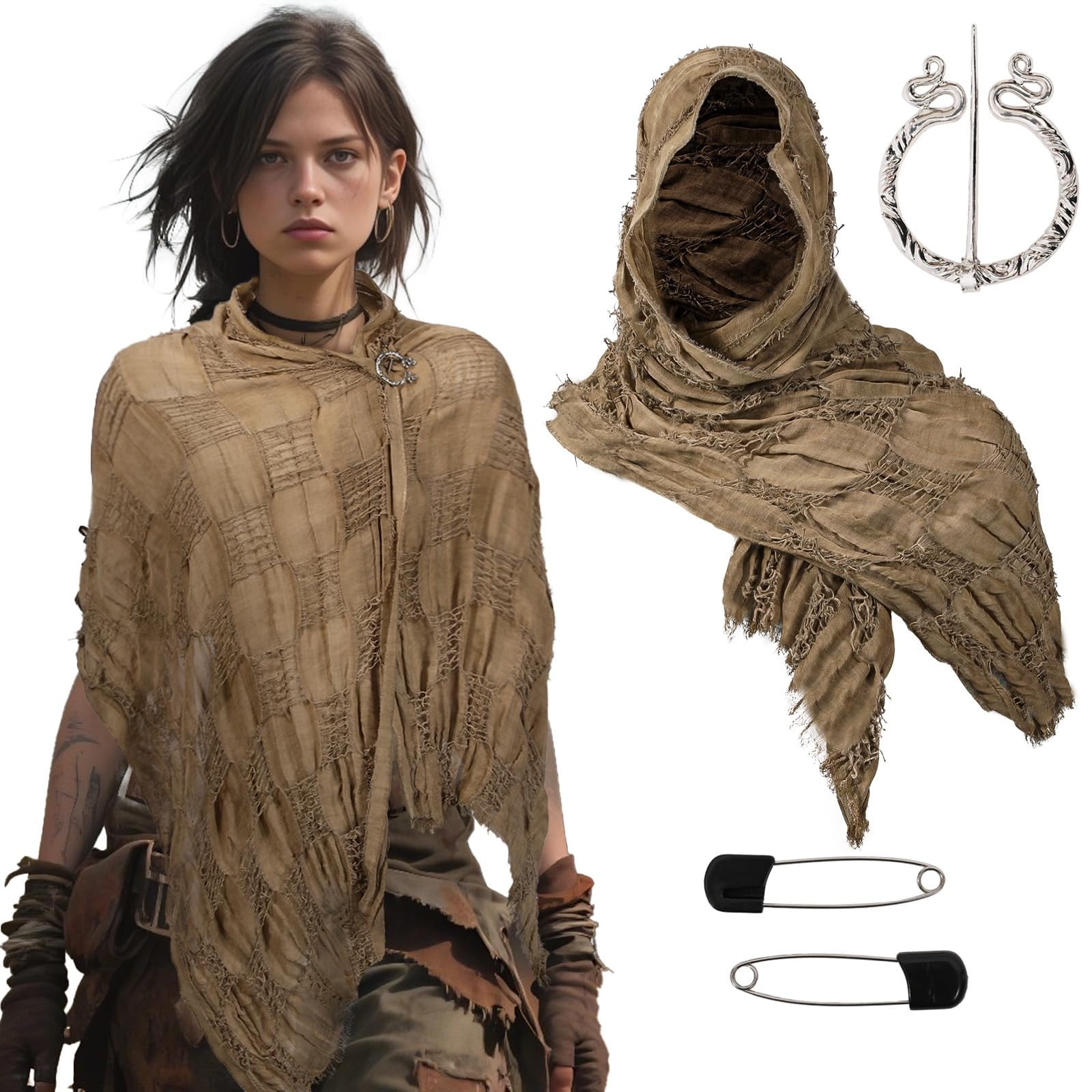 AUNVITO Medieval Hooded Shawl Scarf with Frayed Edges and Clasp ...