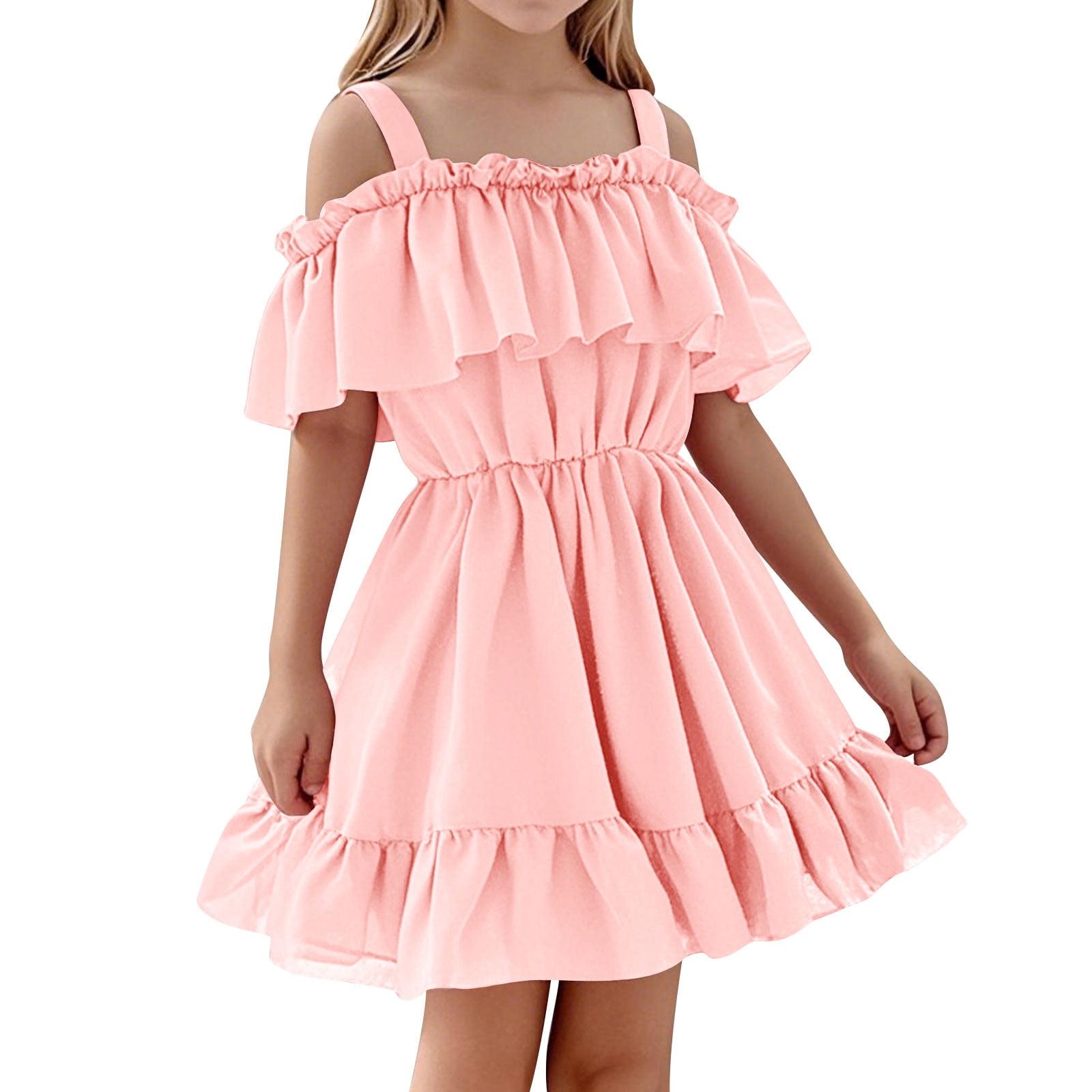 AUNVITO Toddler Girls Swing Dress Off-Shoulder with Straps Ruffle Mini ...