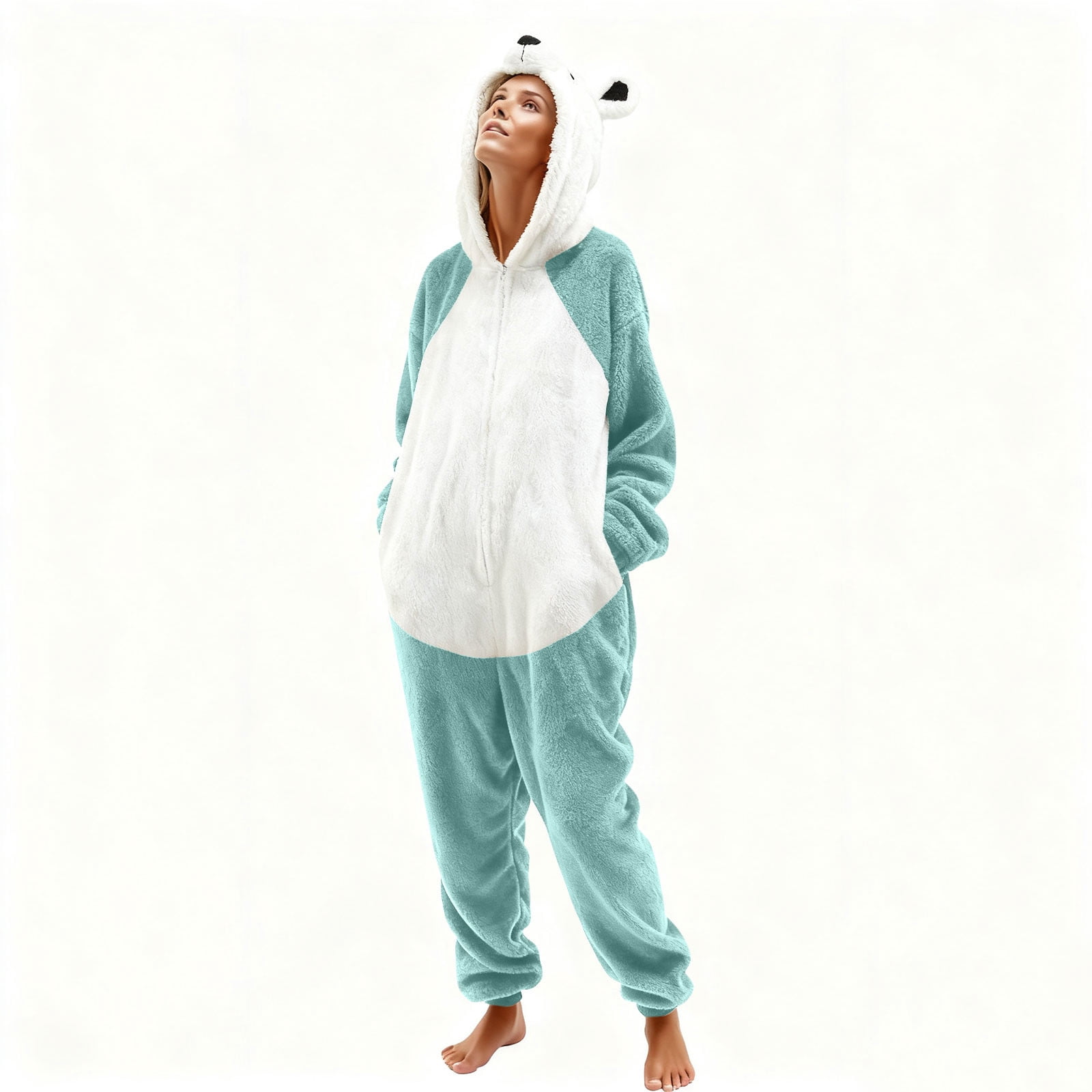 AUNVITO Unisex Adult Bear Print Fleece Pajamas Onesie with Pocket Cozy ...