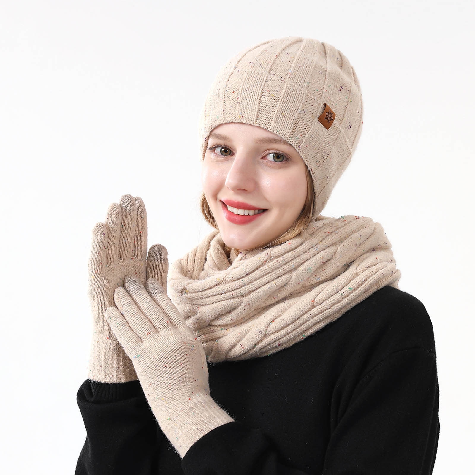 AUNVITO Windproof Warm Double-Layered Winter Hat Scarf Gloves Set with ...