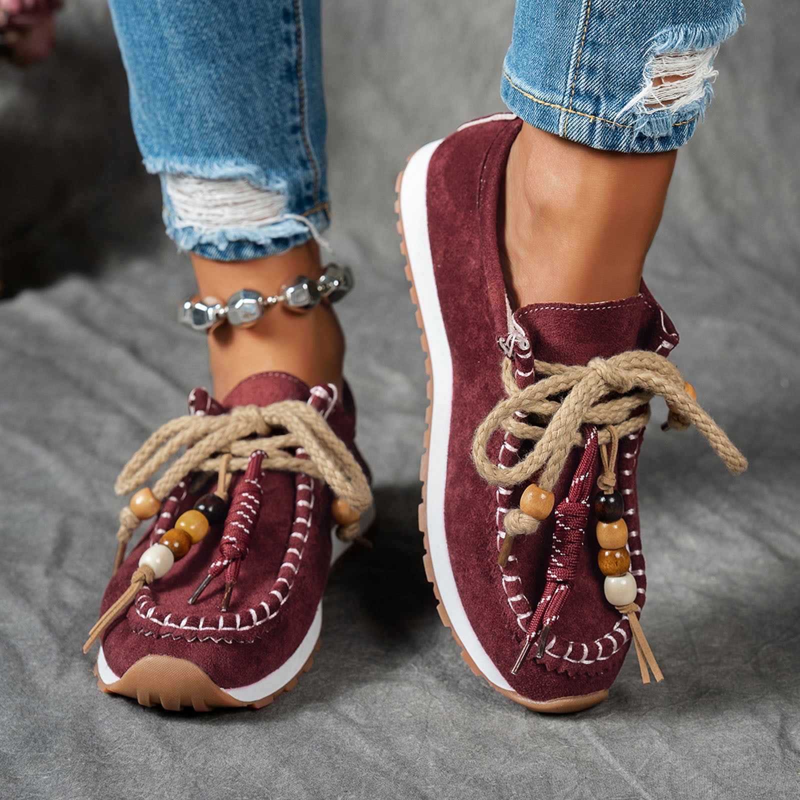 AUNVITO Women's Bohemian Wedges Thick-Soled Rope Knot Beaded Shoes ...