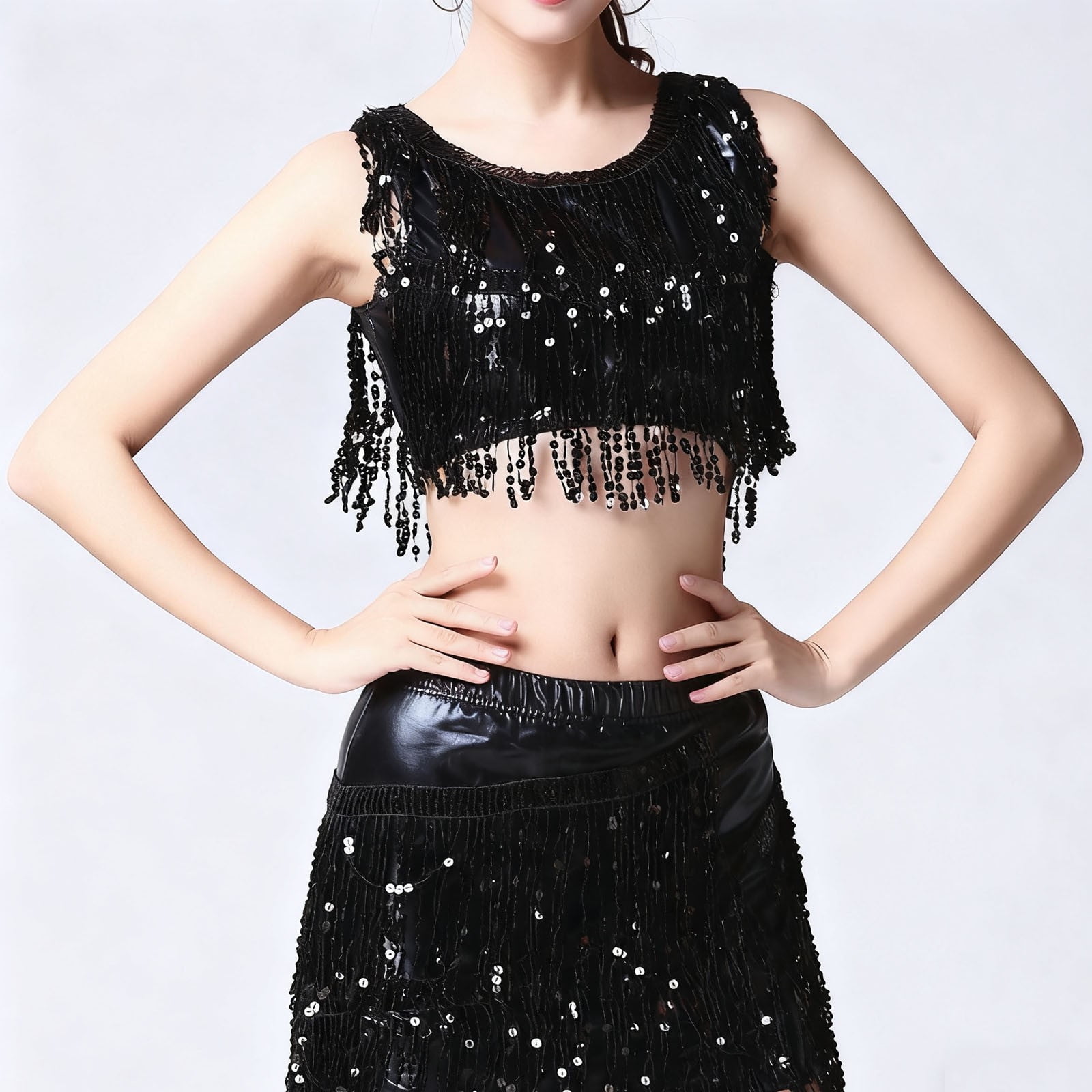 AUNVITO Women's Carnival Dance Top Round Neck Sleeveless with Fringe ...