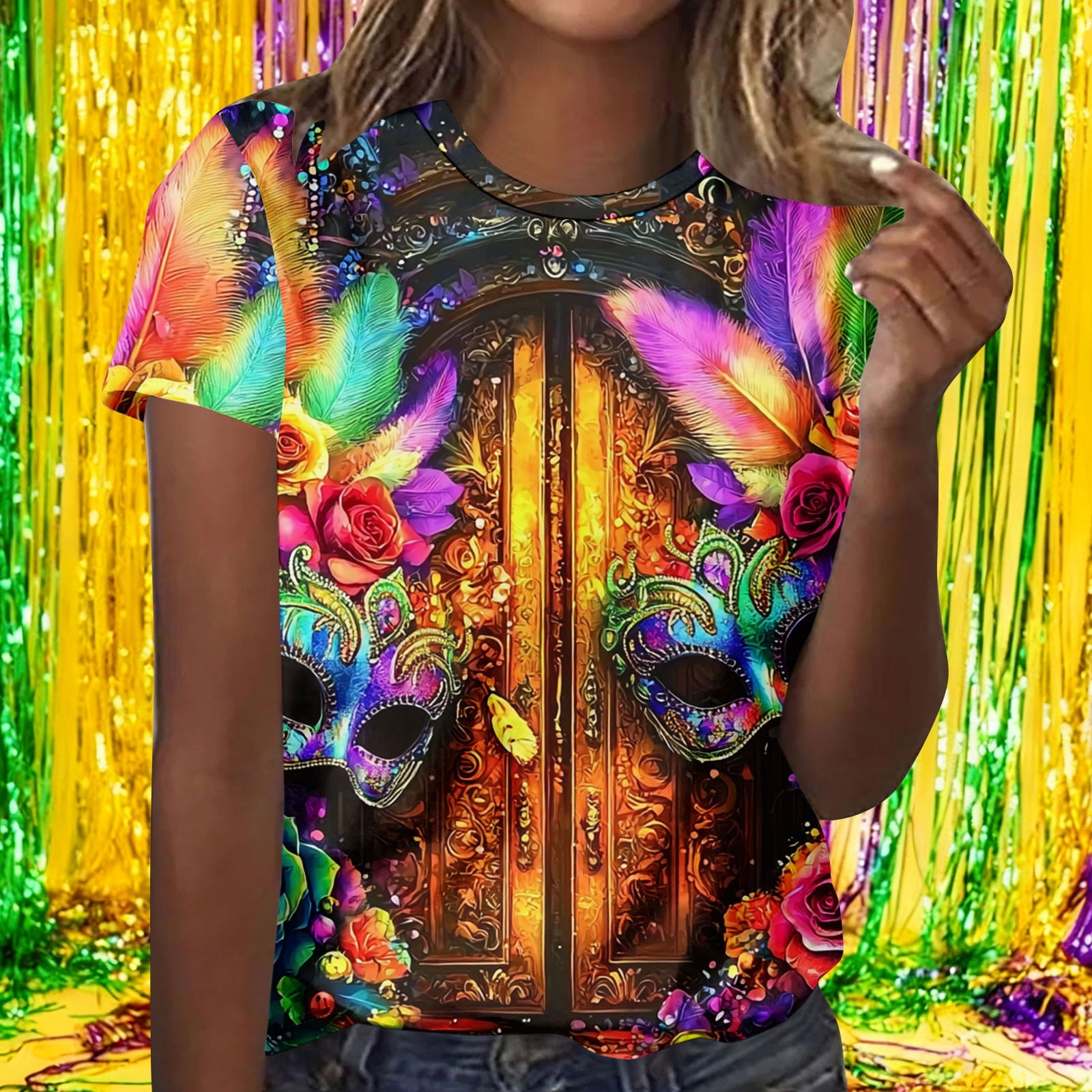 AUNVITO Women's Carnival Print T-shirt Round Neck Short Sleeve Loose ...