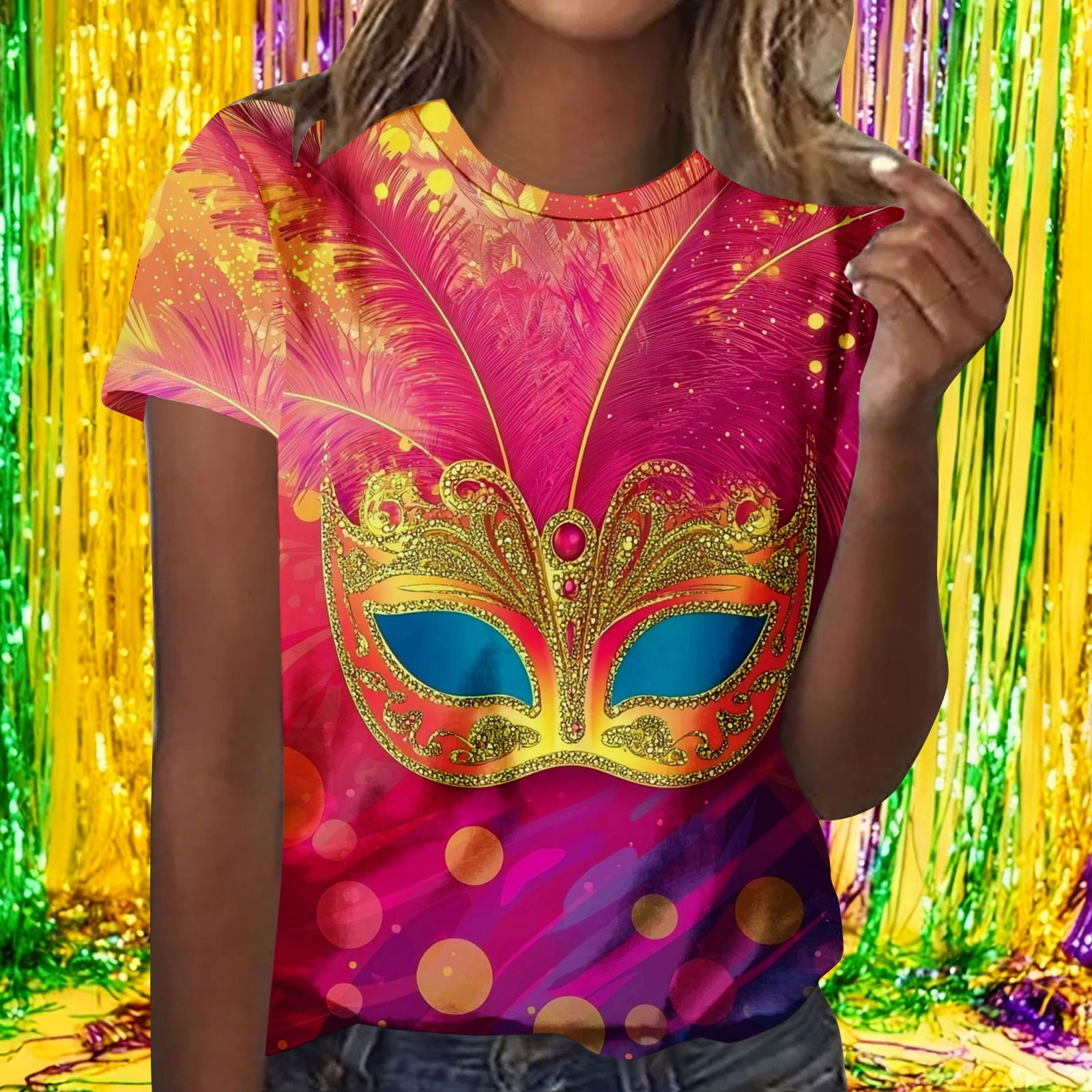 AUNVITO Women's Carnival Print T-shirt Round Neck Short Sleeve Loose ...