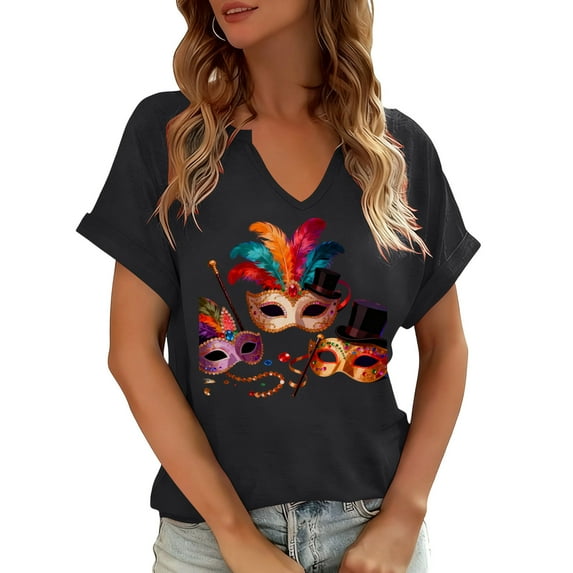 AUNVITO Women's Carnival V-Neck Short Sleeve T-Shirt with Fun-Themed ...