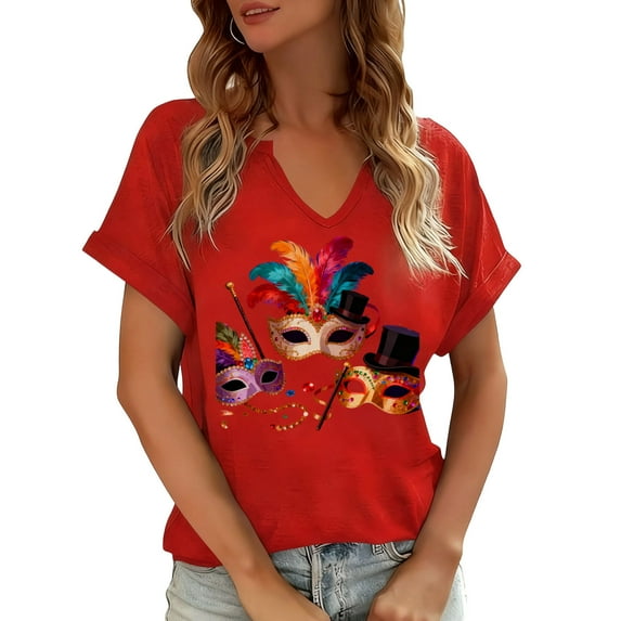 AUNVITO Women's Carnival V-Neck Short Sleeve T-Shirt with Fun-Themed ...