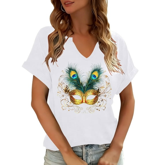 AUNVITO Women's Carnival V-Neck Short Sleeve T-Shirt with Fun-Themed ...