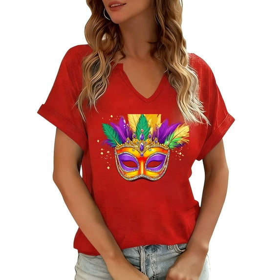 AUNVITO Women's Carnival V-Neck Short Sleeve T-Shirt with Fun-Themed ...