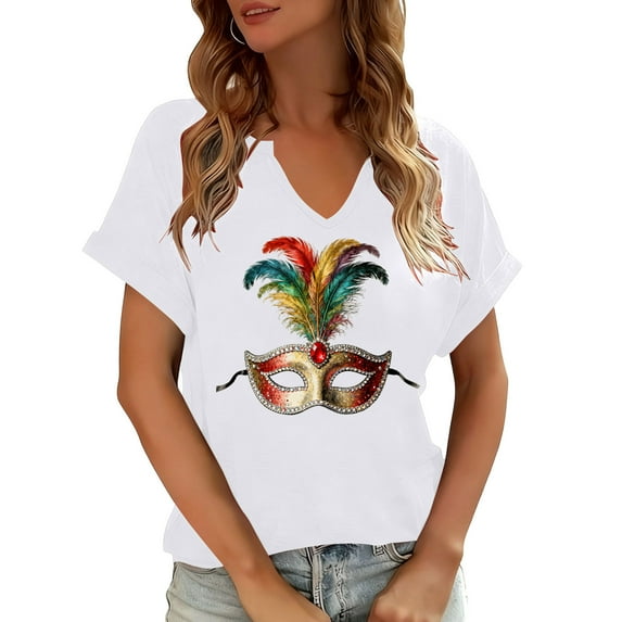 AUNVITO Women's Carnival V-Neck Short Sleeve T-Shirt with Fun-Themed ...