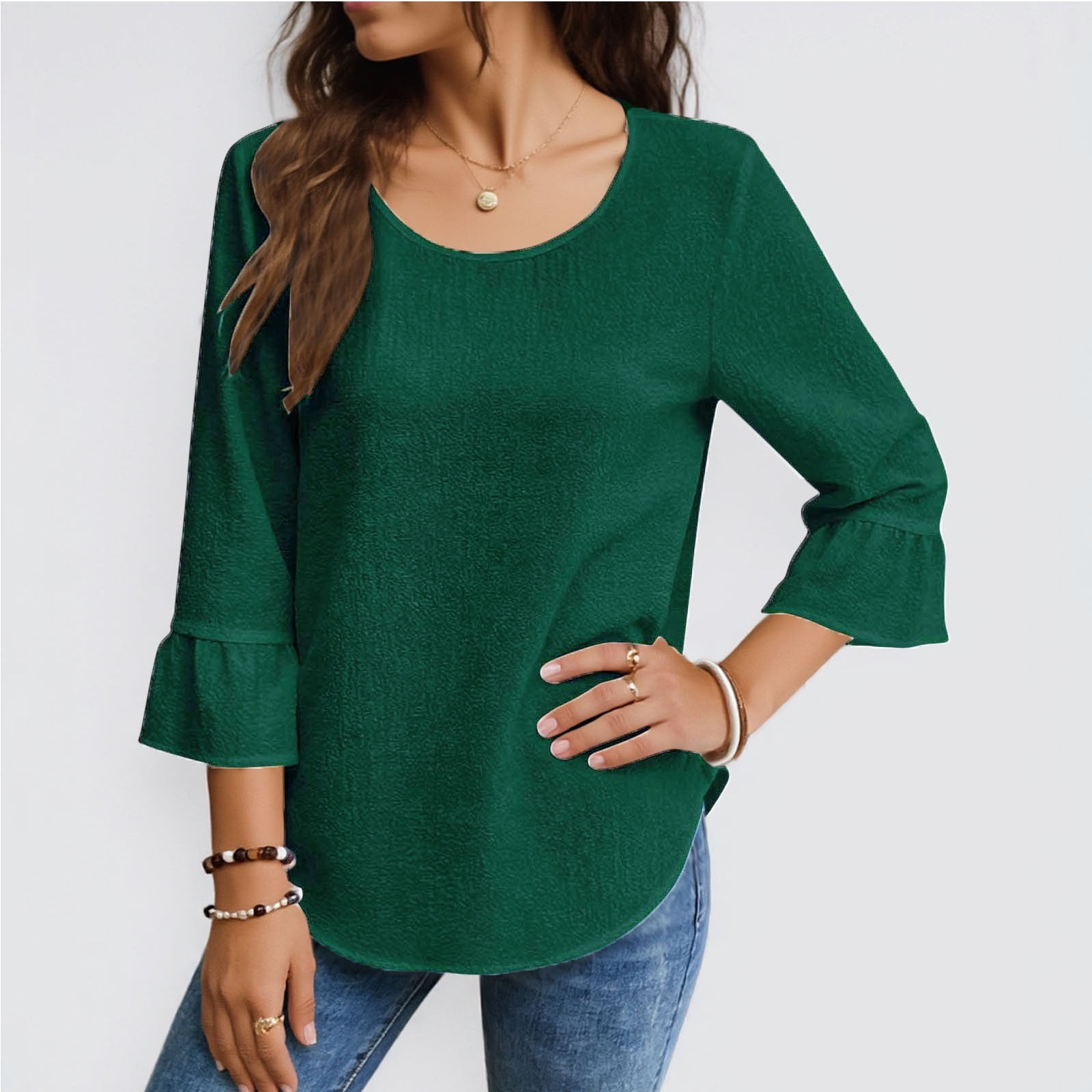 AUNVITO Women's Casual Blouse with Lace Trim Three Quarter Sleeve Round ...