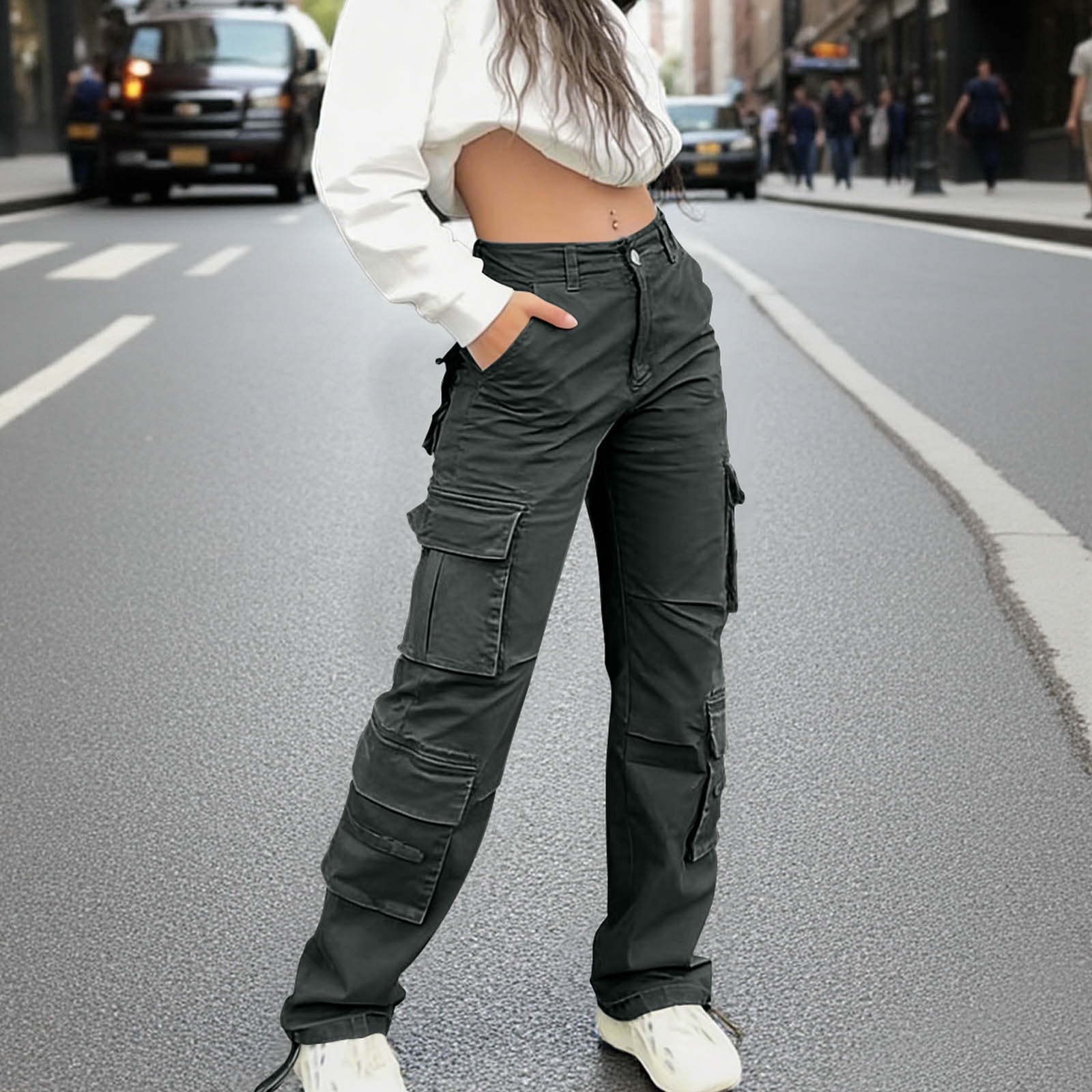 AUNVITO Women's Casual Cargo Pants with Elastic Waist and 8 Pockets ...