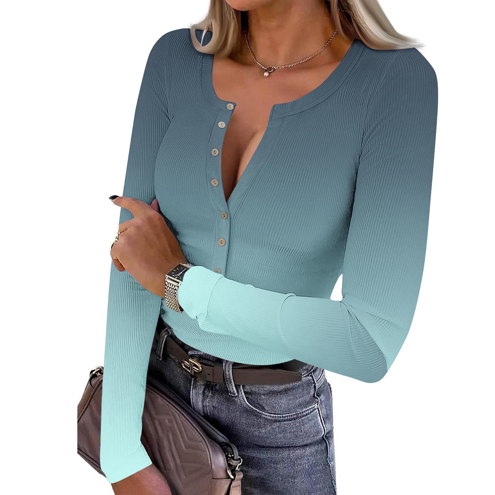 AUNVITO Women's Casual Knit Top Long Sleeve V-Neck Gradient Print ...