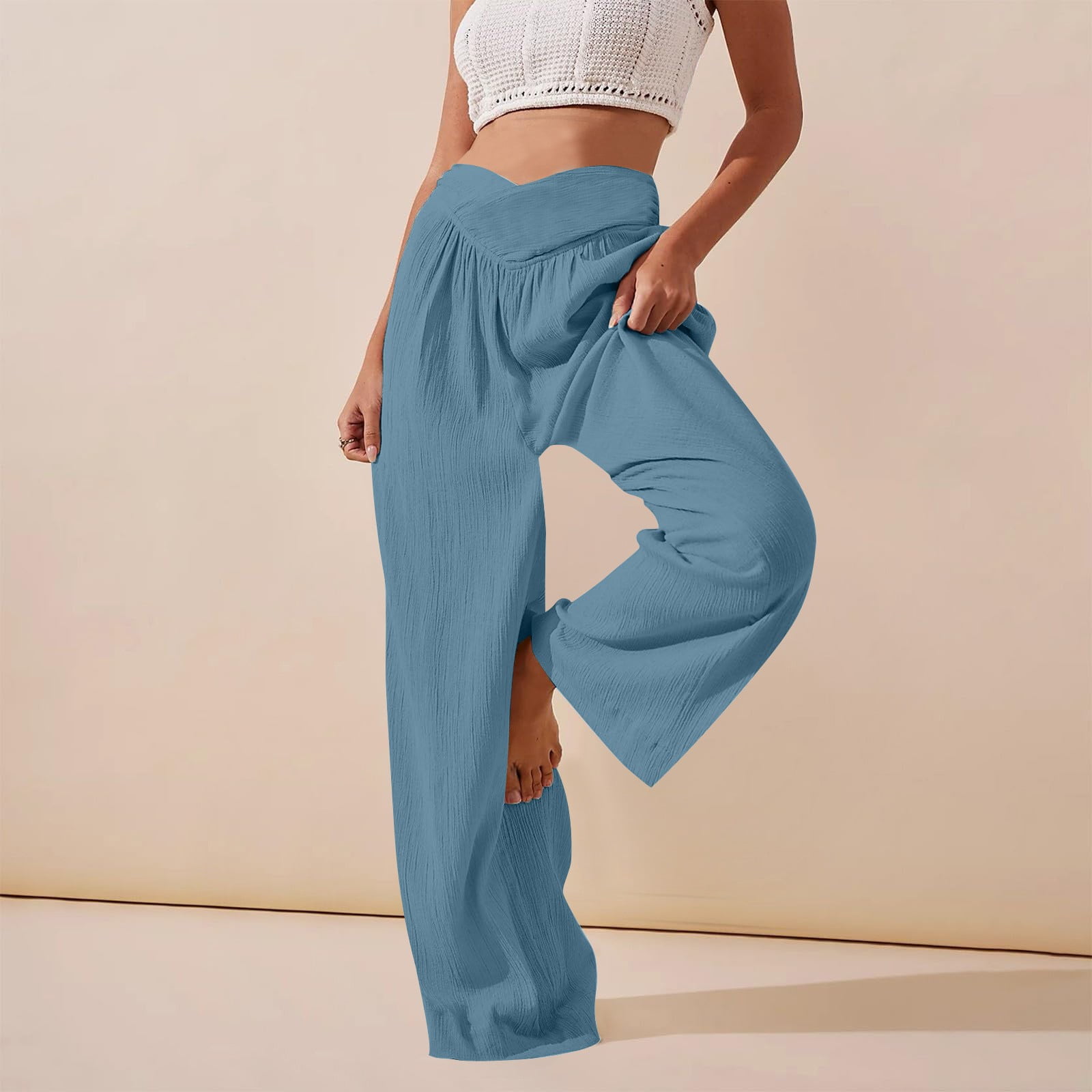 AUNVITO Women's Casual Pants Solid Color Wide Leg Comfortable Home ...