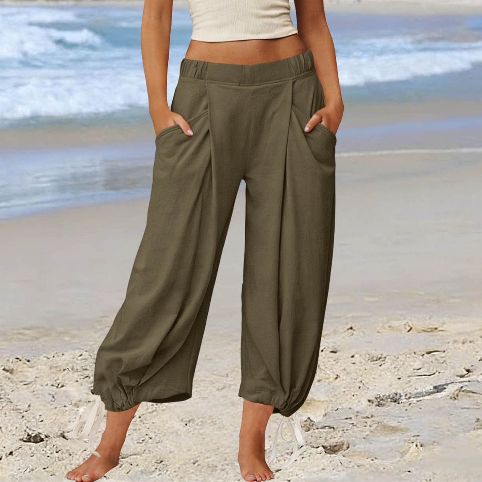 AUNVITO Women's Casual Pants with Elastic Waistband Side Pockets and ...