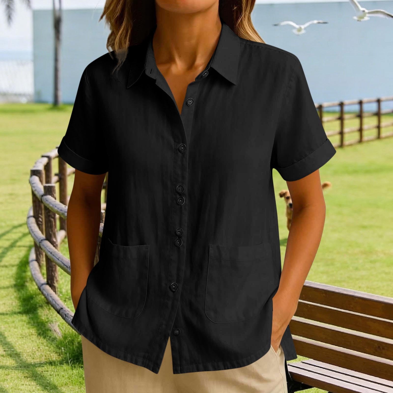 AUNVITO Women's Casual Short Sleeve T-Shirt Button Decorated Peter Pan ...