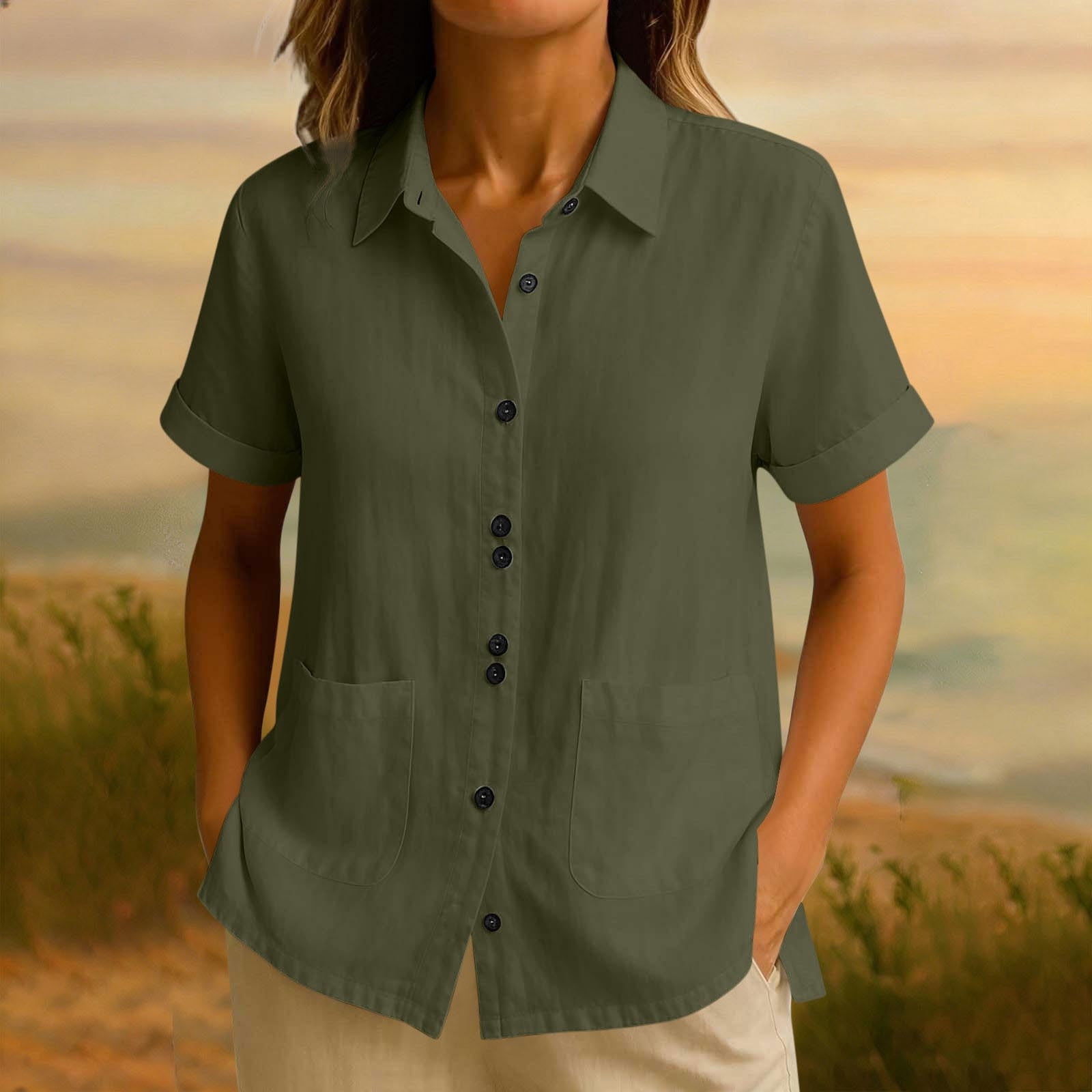 AUNVITO Women's Casual Short Sleeve T-Shirt Button Decorated Peter Pan ...