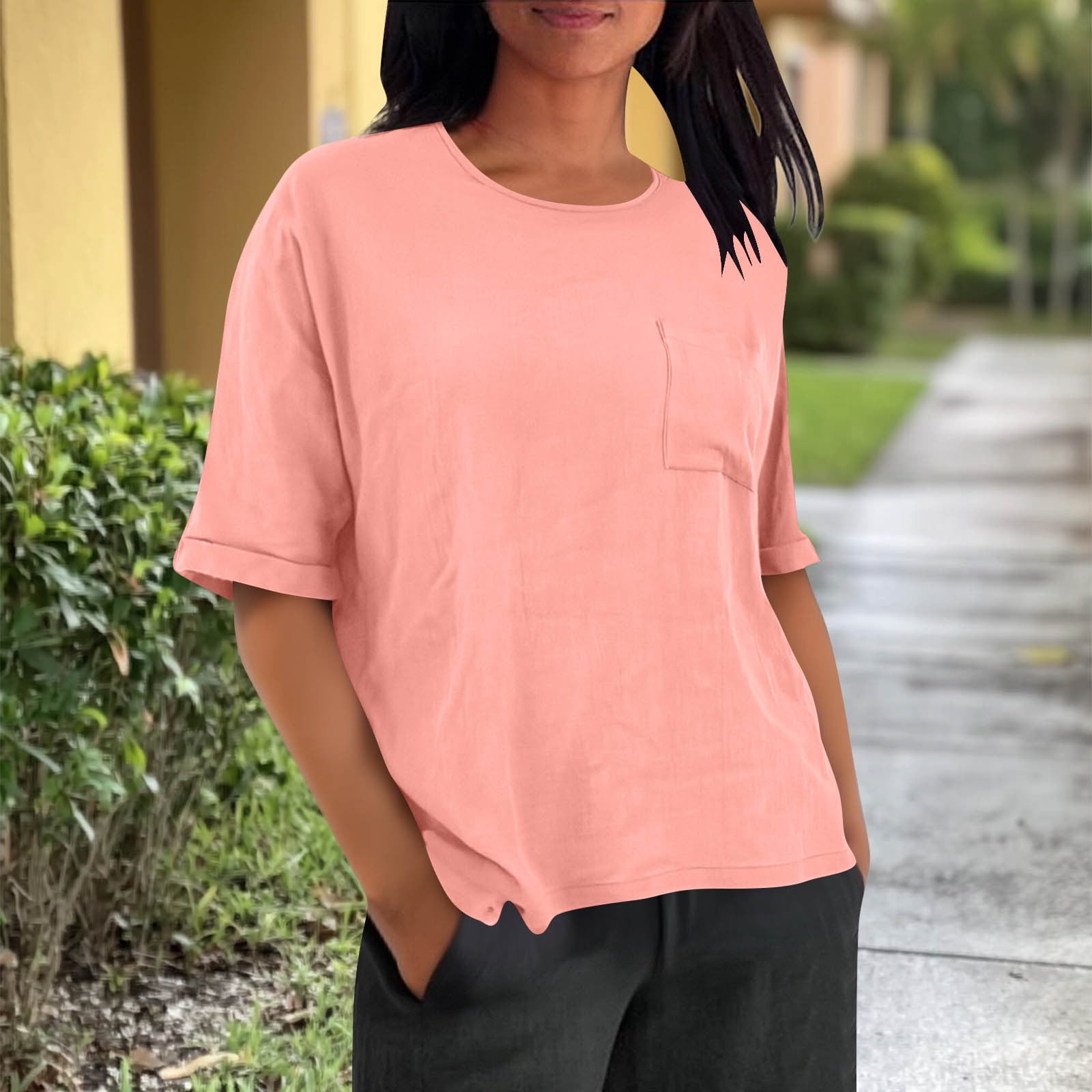 AUNVITO Women's Casual Short Sleeve T-shirt with Chest Pocket and Side ...