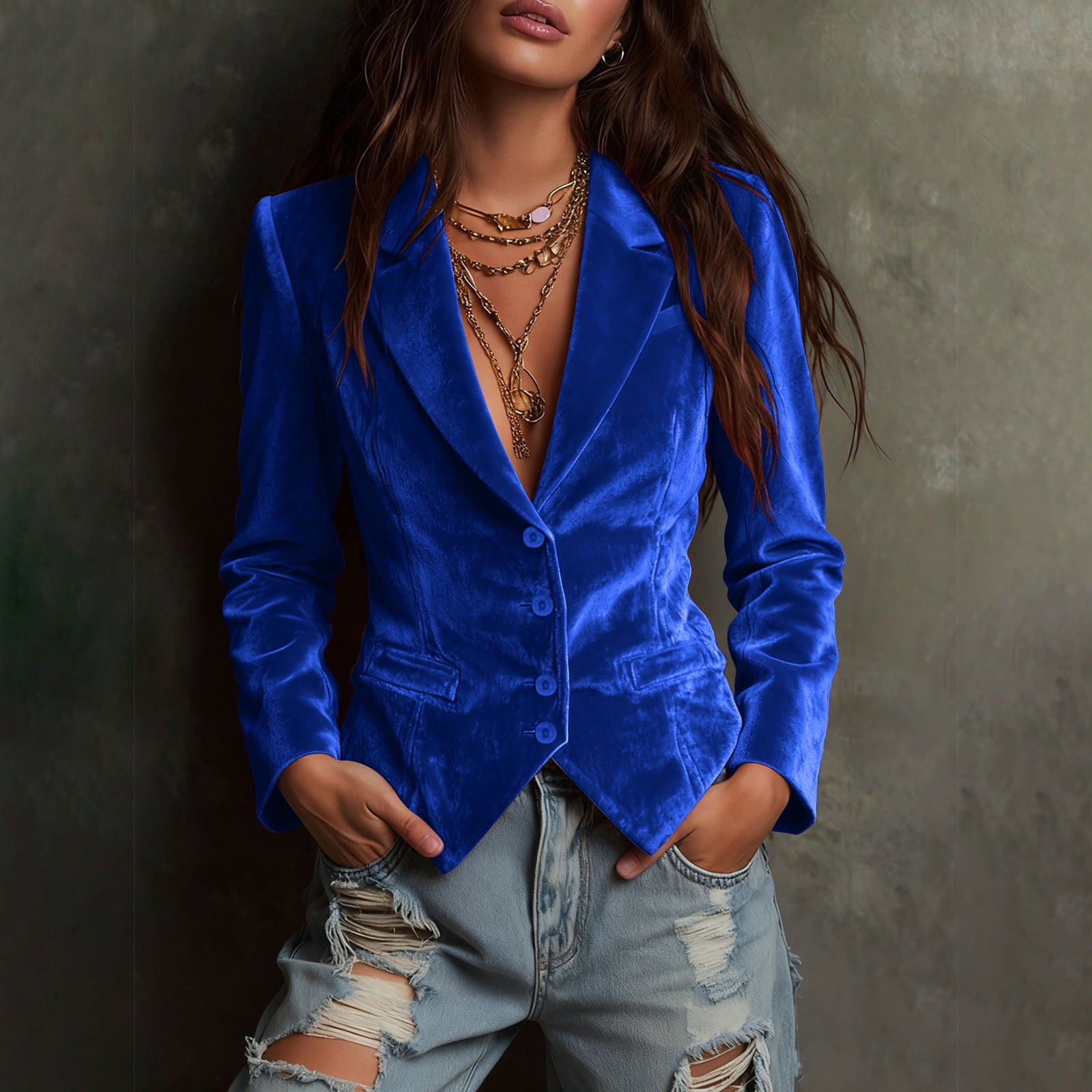 AUNVITO Women's Casual Solid Color Blazer Velvet-like Texture ...