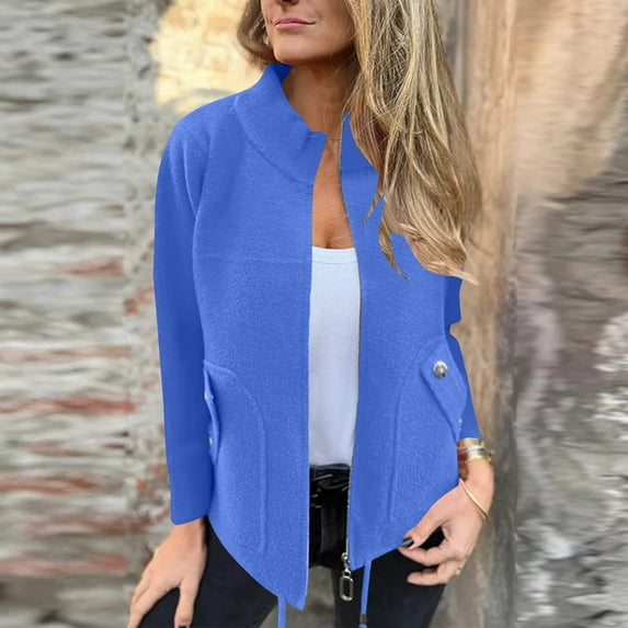 AUNVITO Women's Casual Solid Color Coat Zipper Front Color-Block Design ...