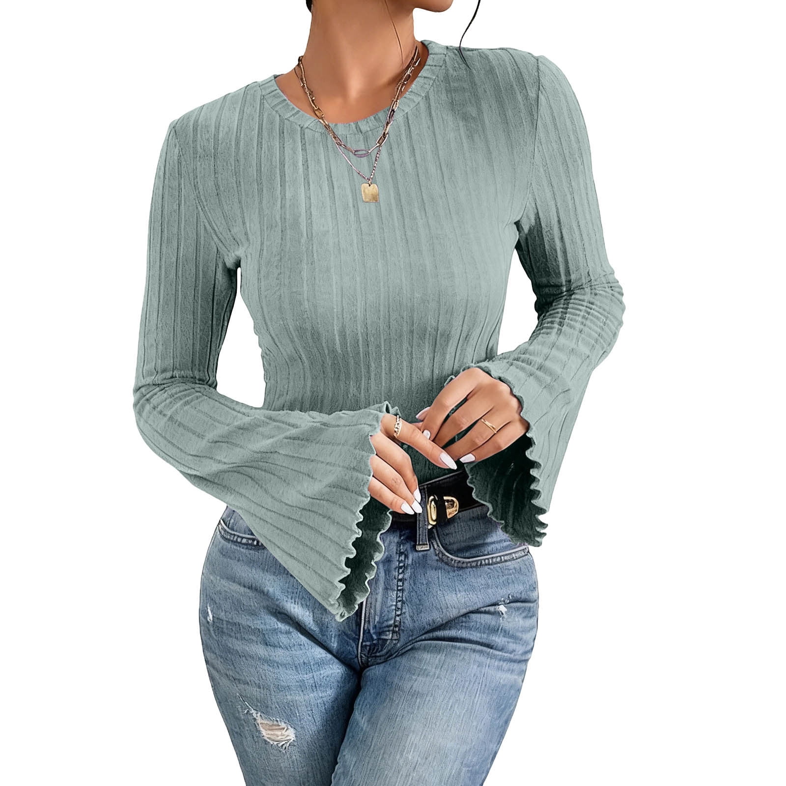 AUNVITO Women's Casual Solid Color Flared Long Sleeve Top Loose Fit ...