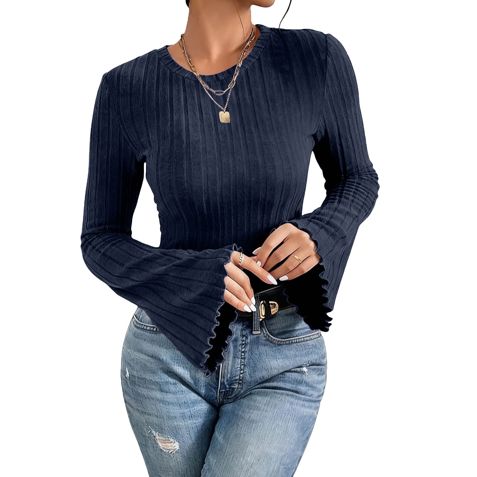 AUNVITO Women's Casual Solid Color Flared Long Sleeve Top Loose Fit ...