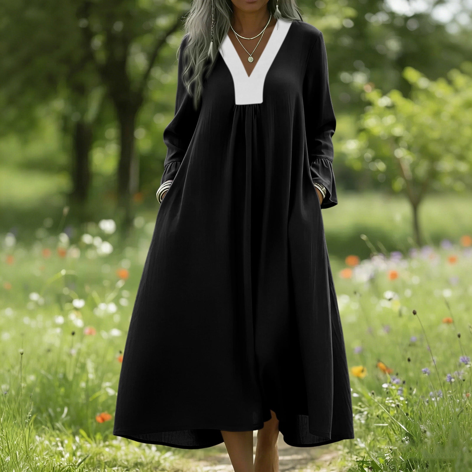 AUNVITO Women's Casual Summer Dress Long Sleeve V-Neck Color Block ...