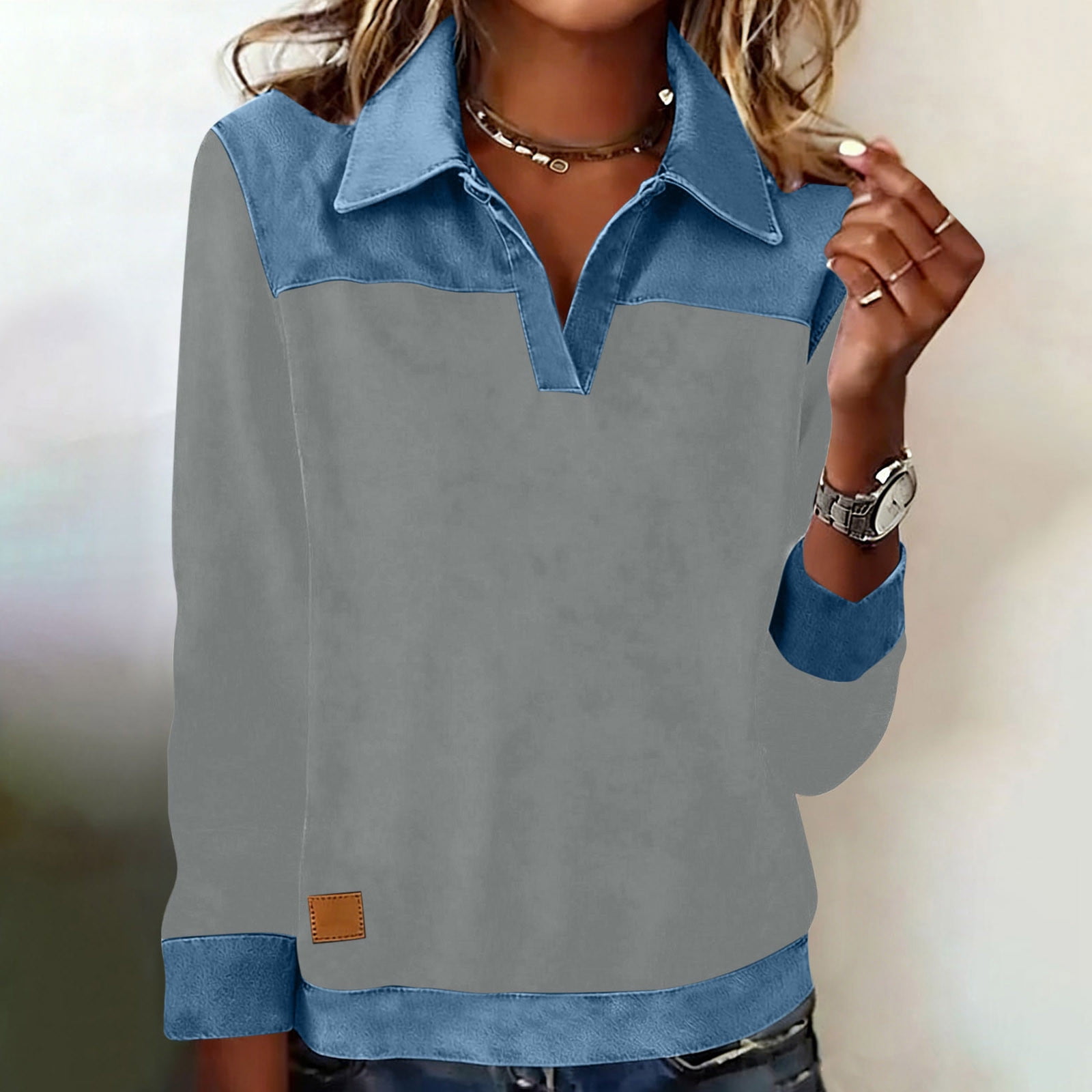 AUNVITO Women's Casual Sweatshirt Long Sleeve Button-Down Collar Denim ...