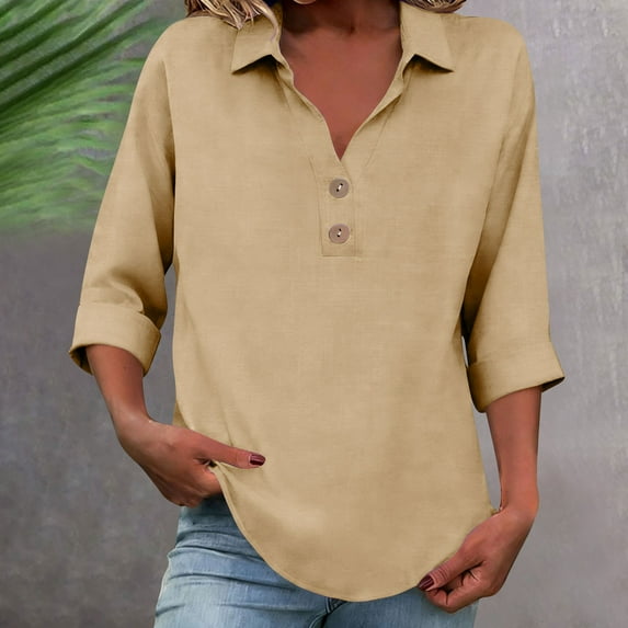 AUNVITO Women's Casual V-Neck T-Shirt Casual Fit Turn-Down Collar Three ...