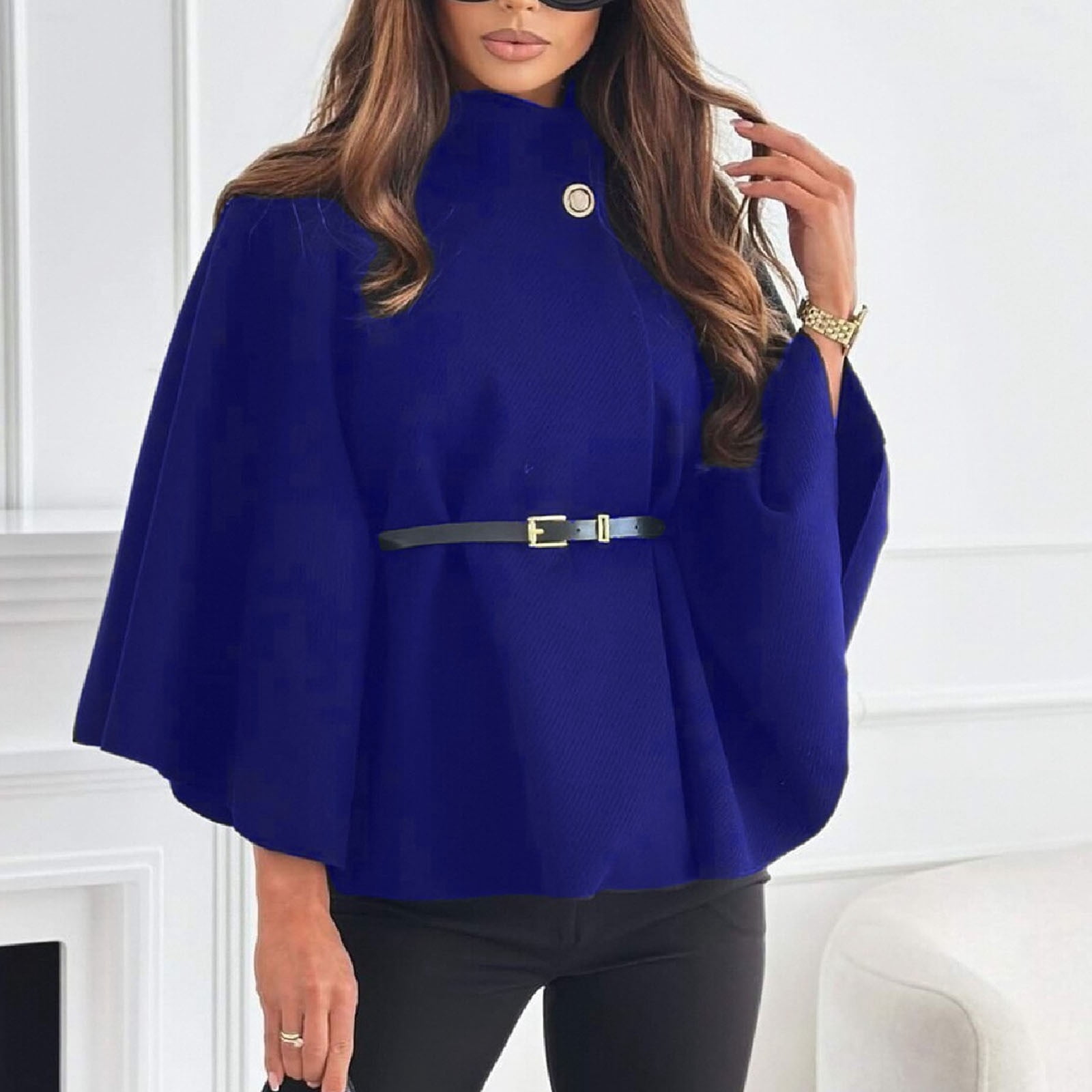 AUNVITO Women's Casual Woolen Belted Waist Cape Coat Long Sleeve ...