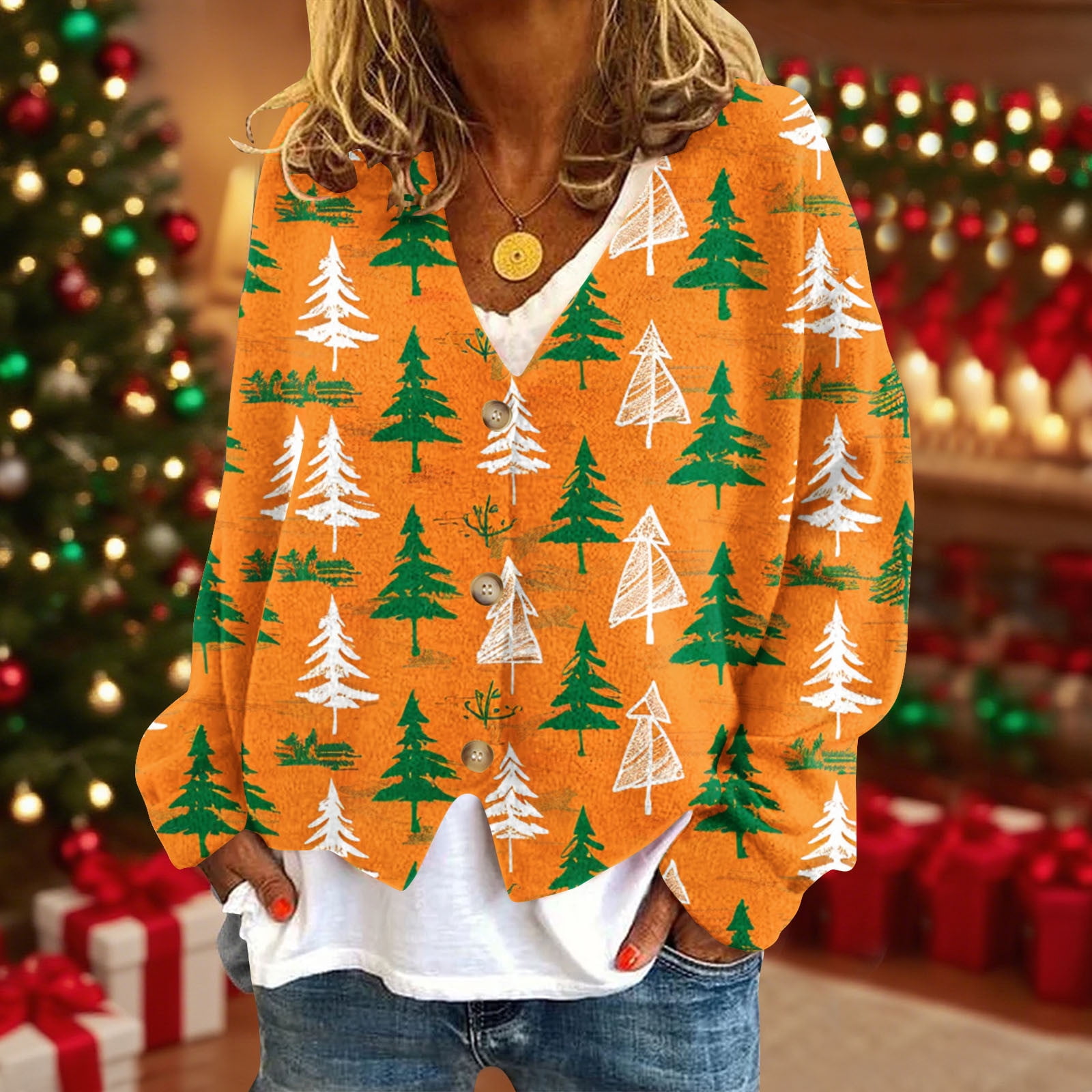 AUNVITO Women's Christmas Print Cozy Fleece Button Front Cardigan Long ...