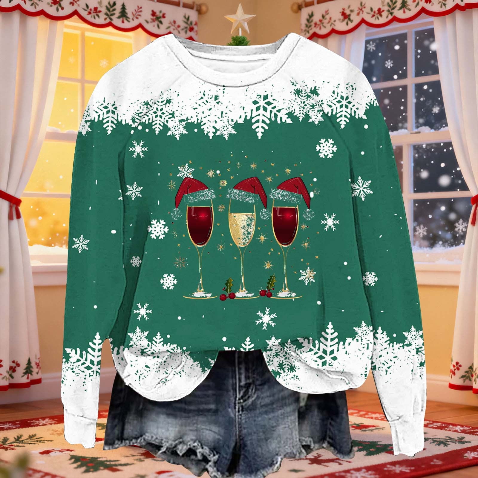 AUNVITO Women's Christmas Printed Drop Shoulder Crew Neck Long Sleeve ...