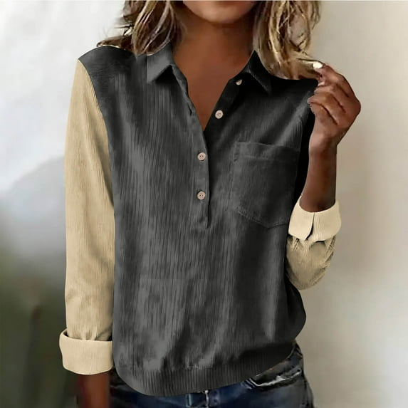 AUNVITO Women's Color Block Corduroy Shirt Long Sleeve Notched Lapel ...