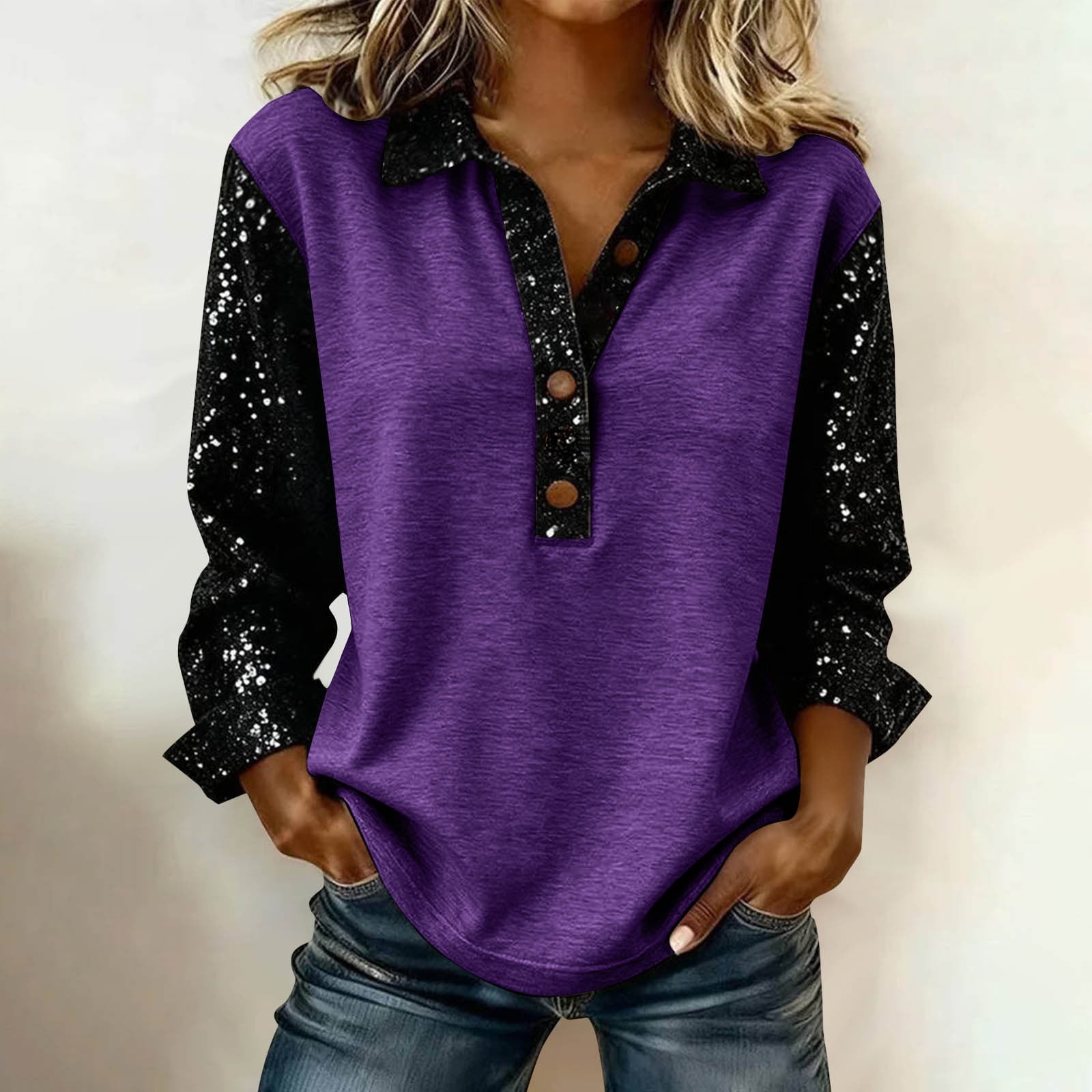 AUNVITO Women's Color Block Sparkle Top Long Sleeve Lapel Collar Button ...