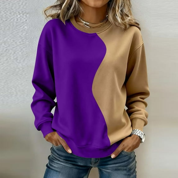 AUNVITO Women's Color Block Sweatshirt Round Neck Raglan Long Sleeve ...