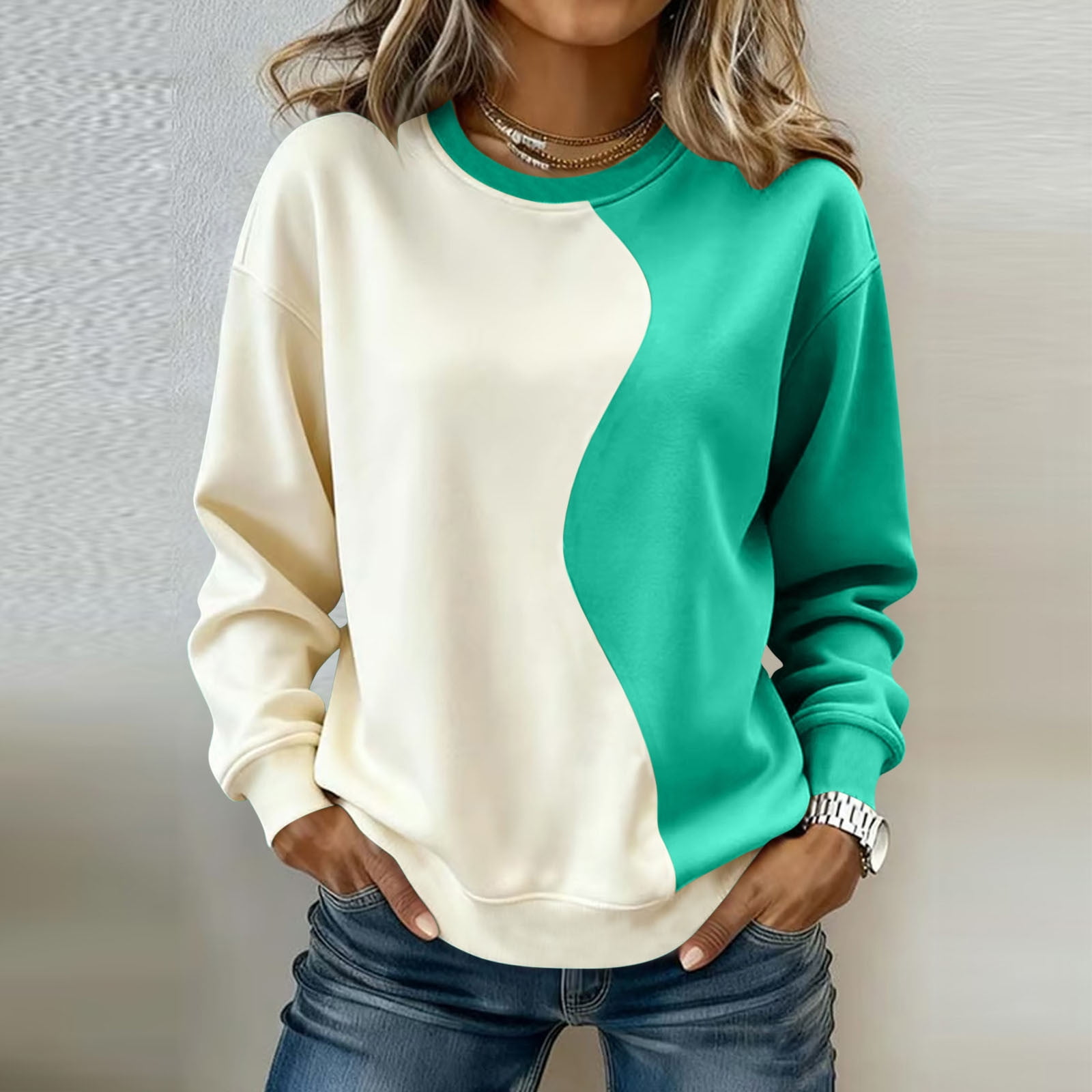 AUNVITO Women's Color Block Sweatshirt Round Neck Raglan Long Sleeve ...