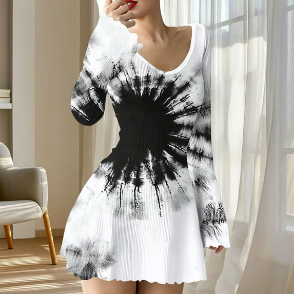 AUNVITO Women's Comfortable V-neck Stretchy Casual Dress with All-over ...